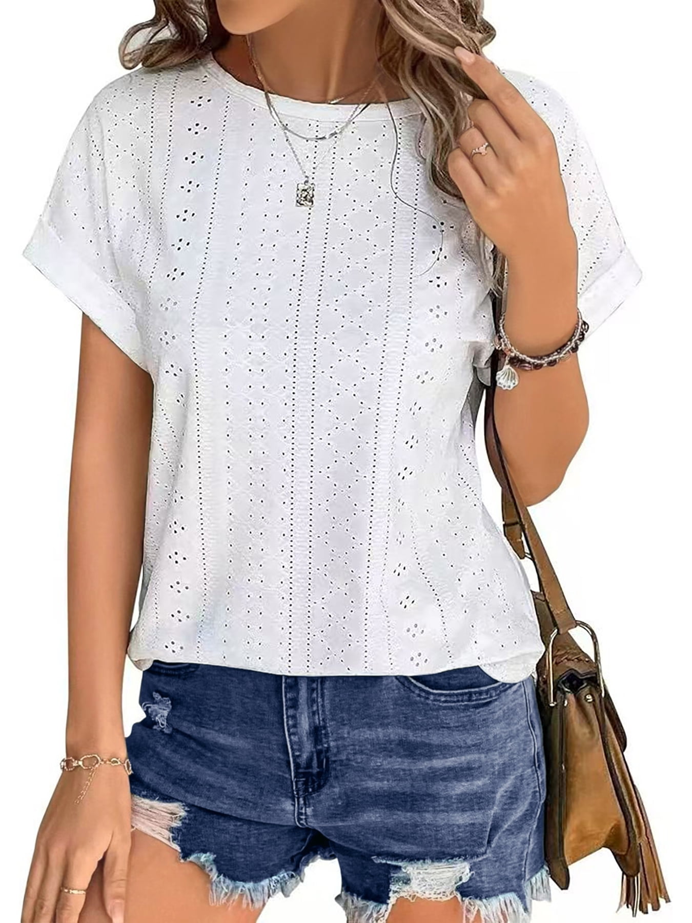 UVN T Shirts for Women Summer Short Sleeve Eyelet Tops Dressy Casual Crewneck Blouses - Walmart.com