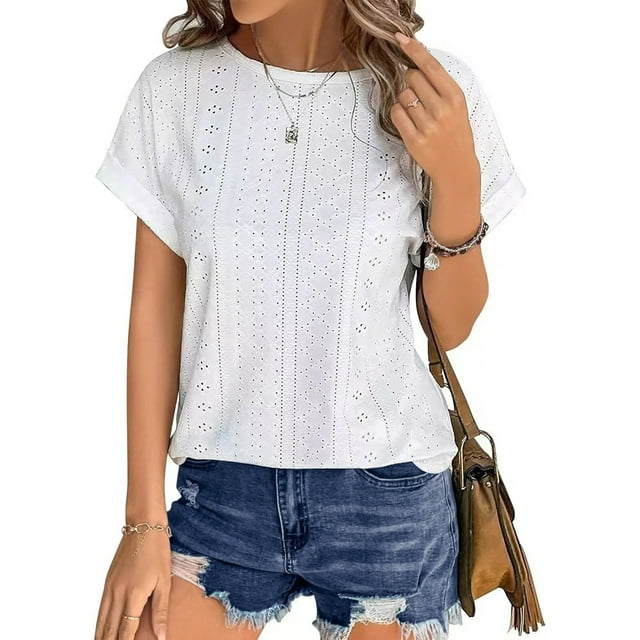 UVN Shirts for Women Summer Short Sleeve Eyelet Tops Dressy Casual Crewneck Blouses - Walmart.com
