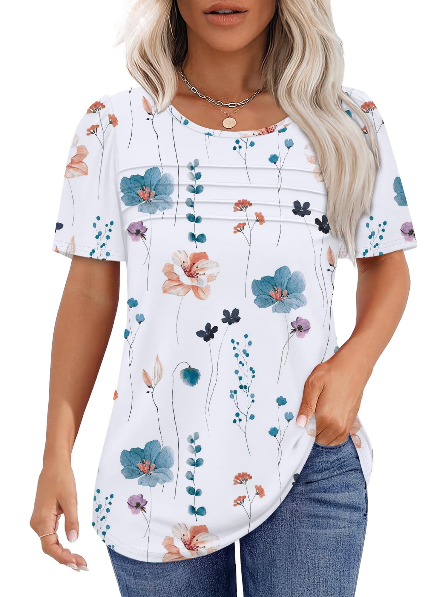 UVN Short Sleeve Blouse for Women Summer Dressy Casual Crewneck Shirt ...