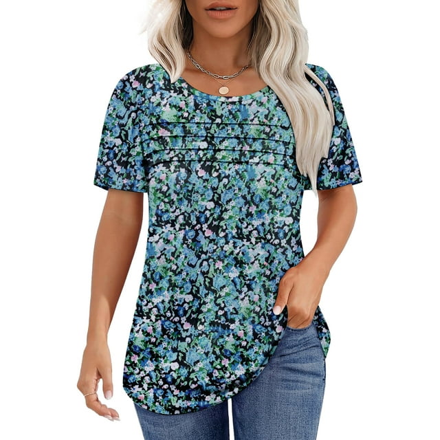 UVN Short Sleeve Blouse for Women Summer Dressy Casual Crewneck Shirt ...