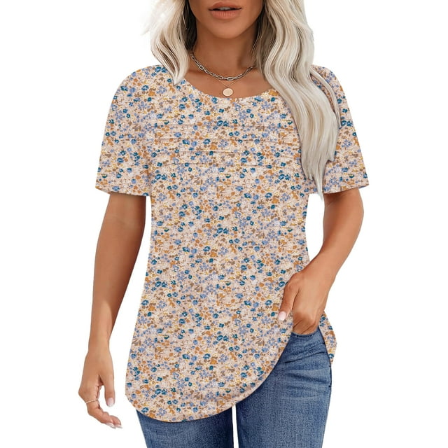 UVN Short Sleeve Blouse for Women Summer Dressy Casual Crewneck Shirt ...