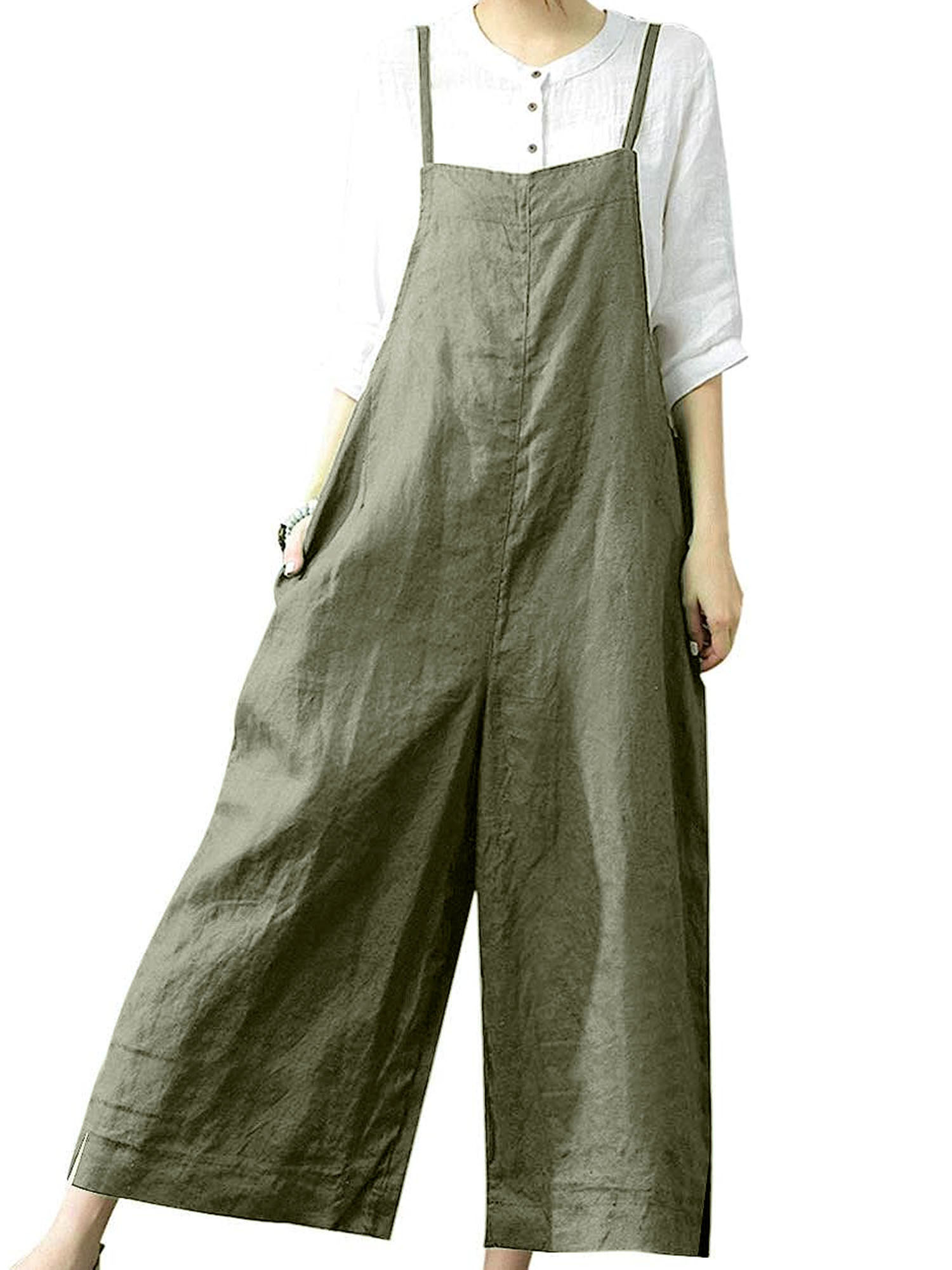 Women Romper Cotton Linen Bib Overalls Jumpsuits Plus Size Summer Strap ...