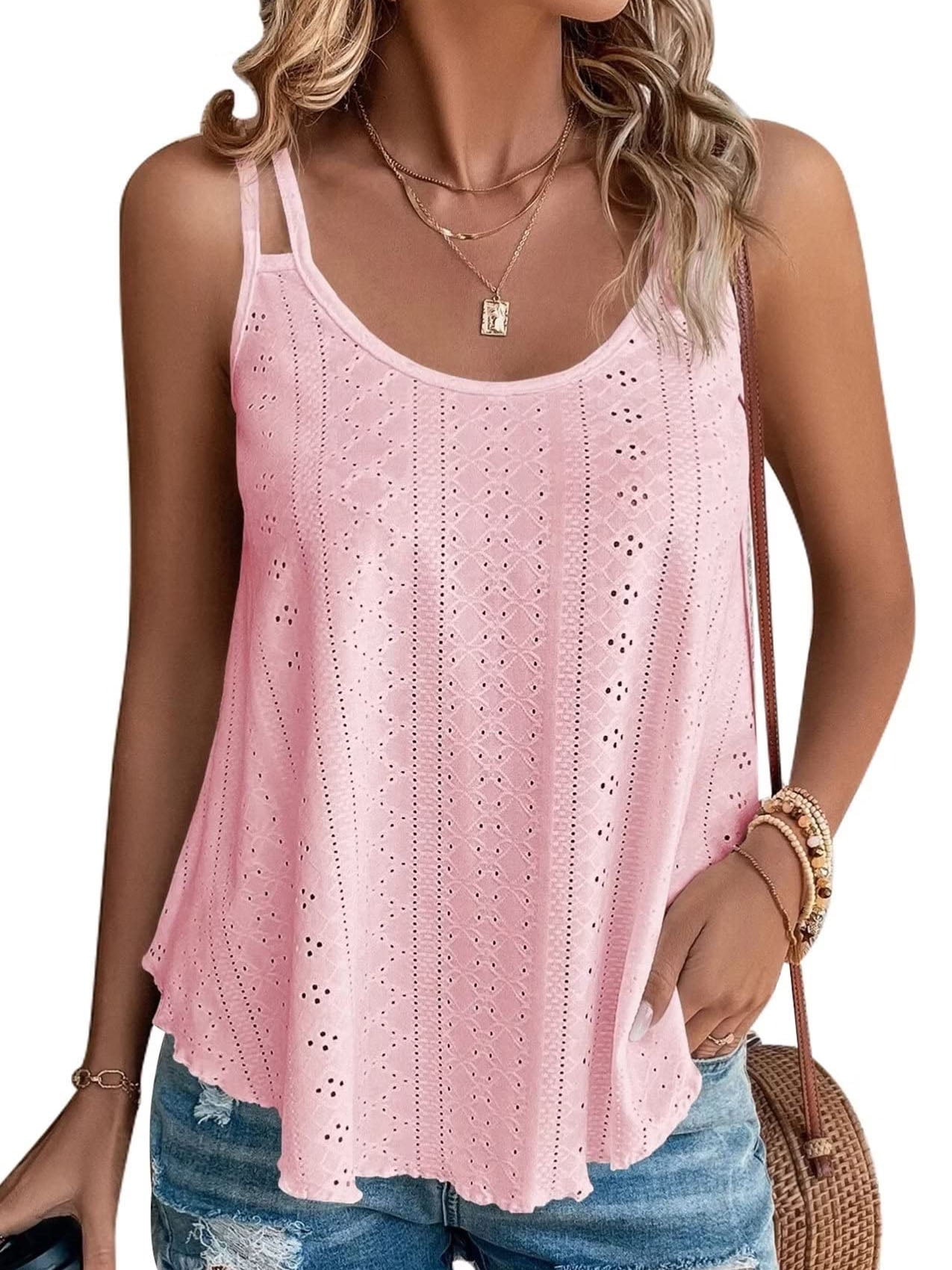 UVN Spaghetti Strap Tank Tops for Women, Sleeveless Flowy Cami, Eyelet ...