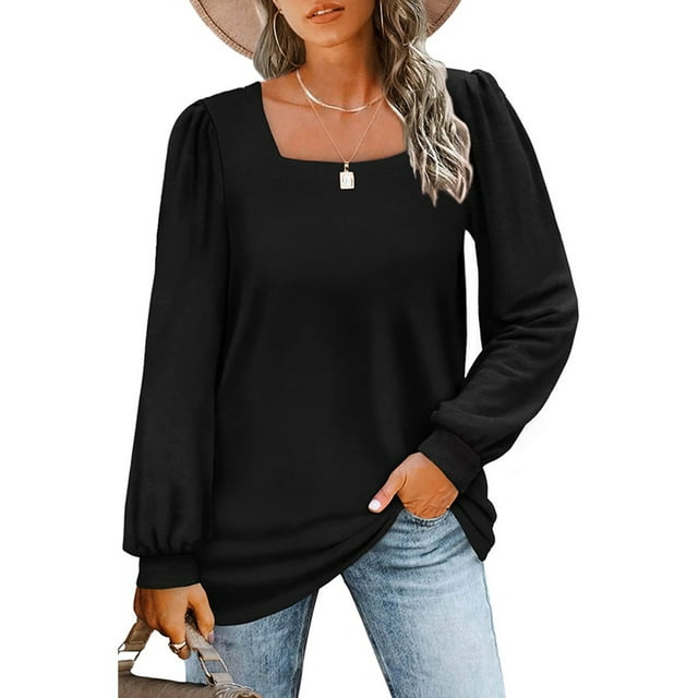 UVN Sweatshirts for Women Square Neck Long Sleeve Shirts Casual Tunic ...