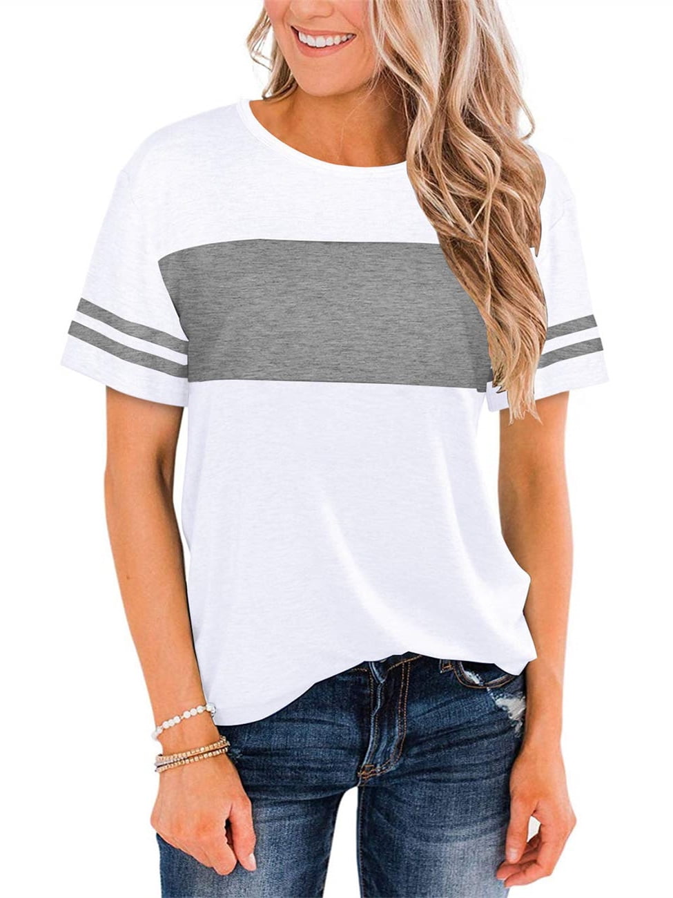 UVN Striped T Shirts for Women Short Sleeve Tee Summer Crew Neck Side ...