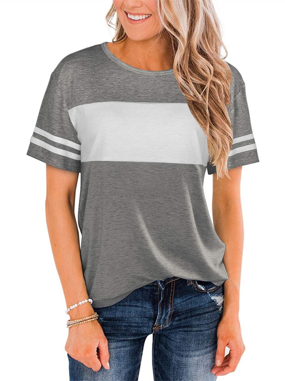 UVN Striped T Shirts for Women Short Sleeve Tee Summer Crew Neck Side ...
