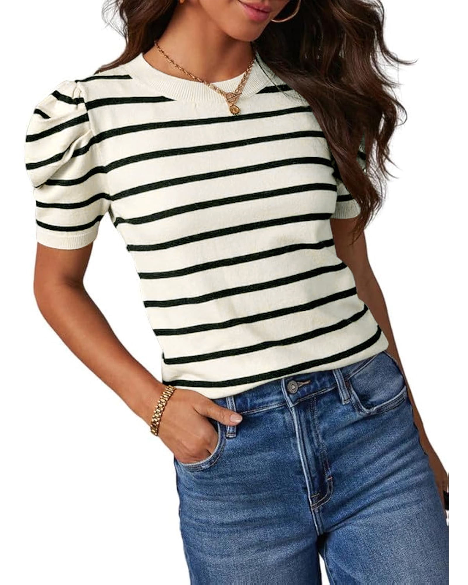 UVN Striped Tops for Women Summer Short Puff Sleeve Pullover Blouses ...