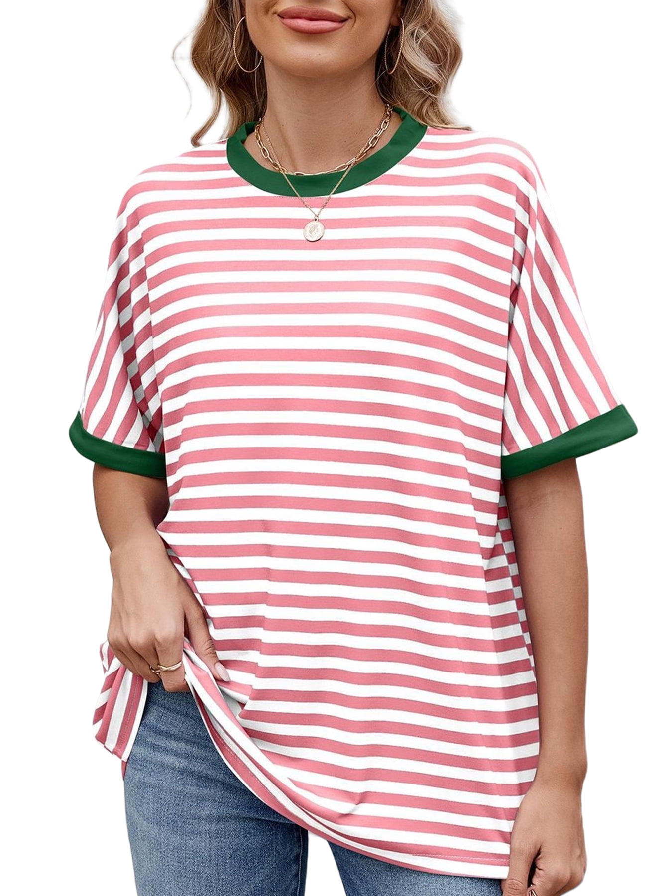 UVN Striped Tops for Women Summer Short Sleeve T Shirts Casual Crewneck ...