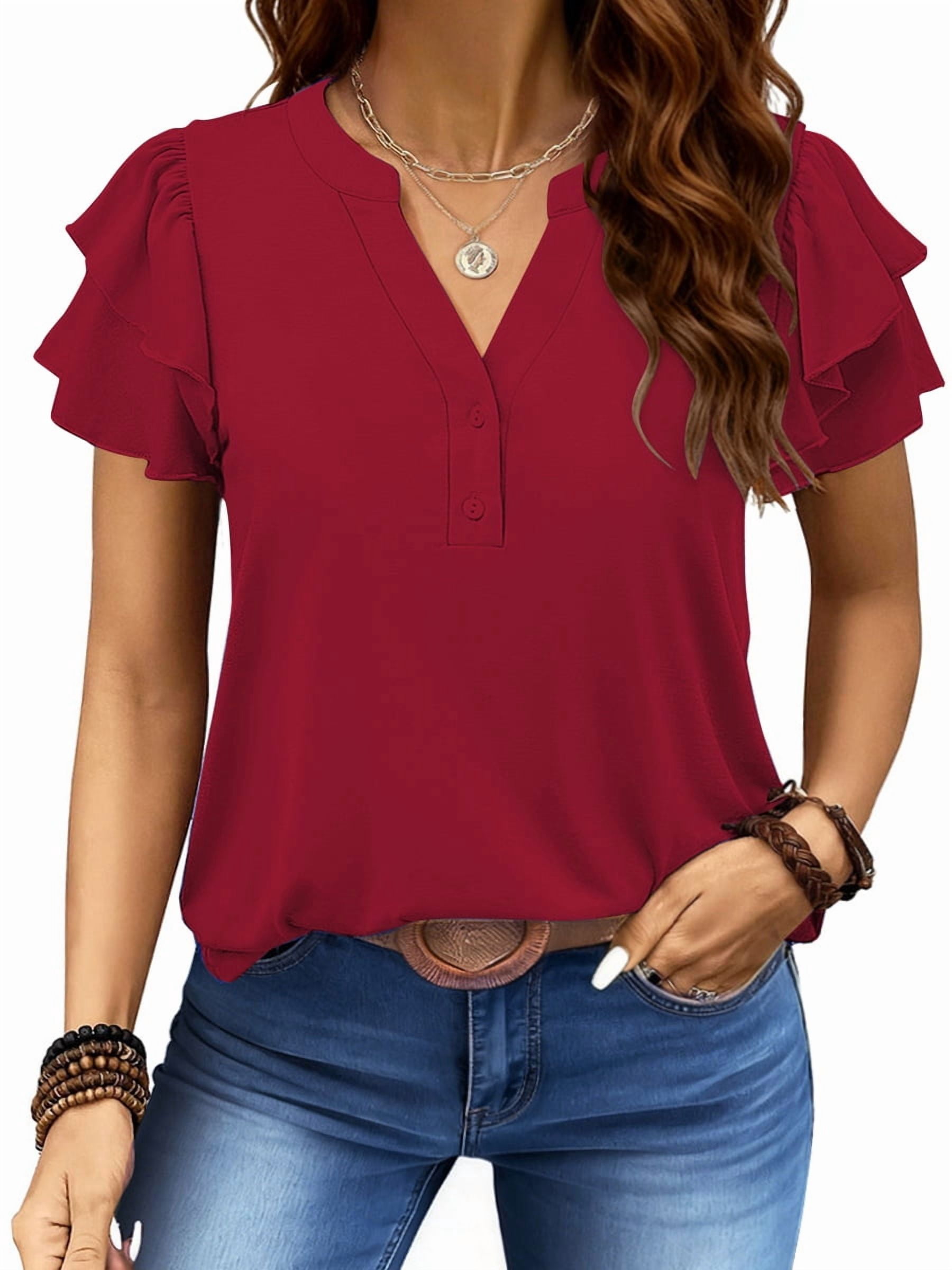 UVN Summer Blouse for Women Ruffle Short Sleeve Shirts V Neck Button ...
