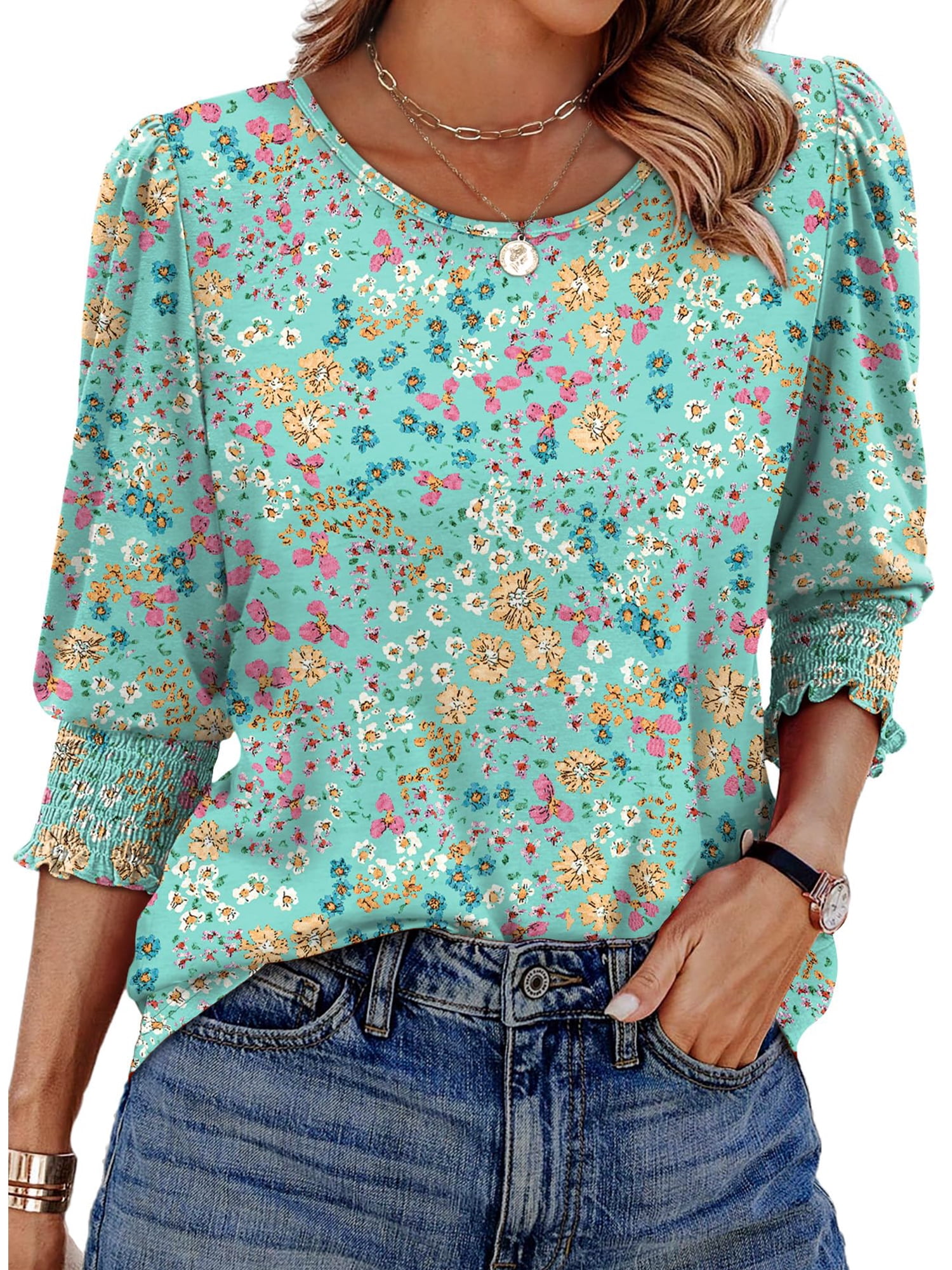 uvn-summer-blouses-for-women-3-4-sleeve-shirts-ladies-casual-crew-neck