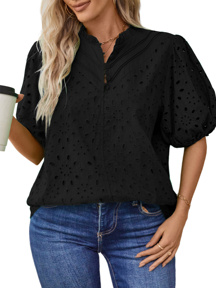 UVN Summer Blouses For Women Short Sleeve Shirts Ladies Hollow Out Lace