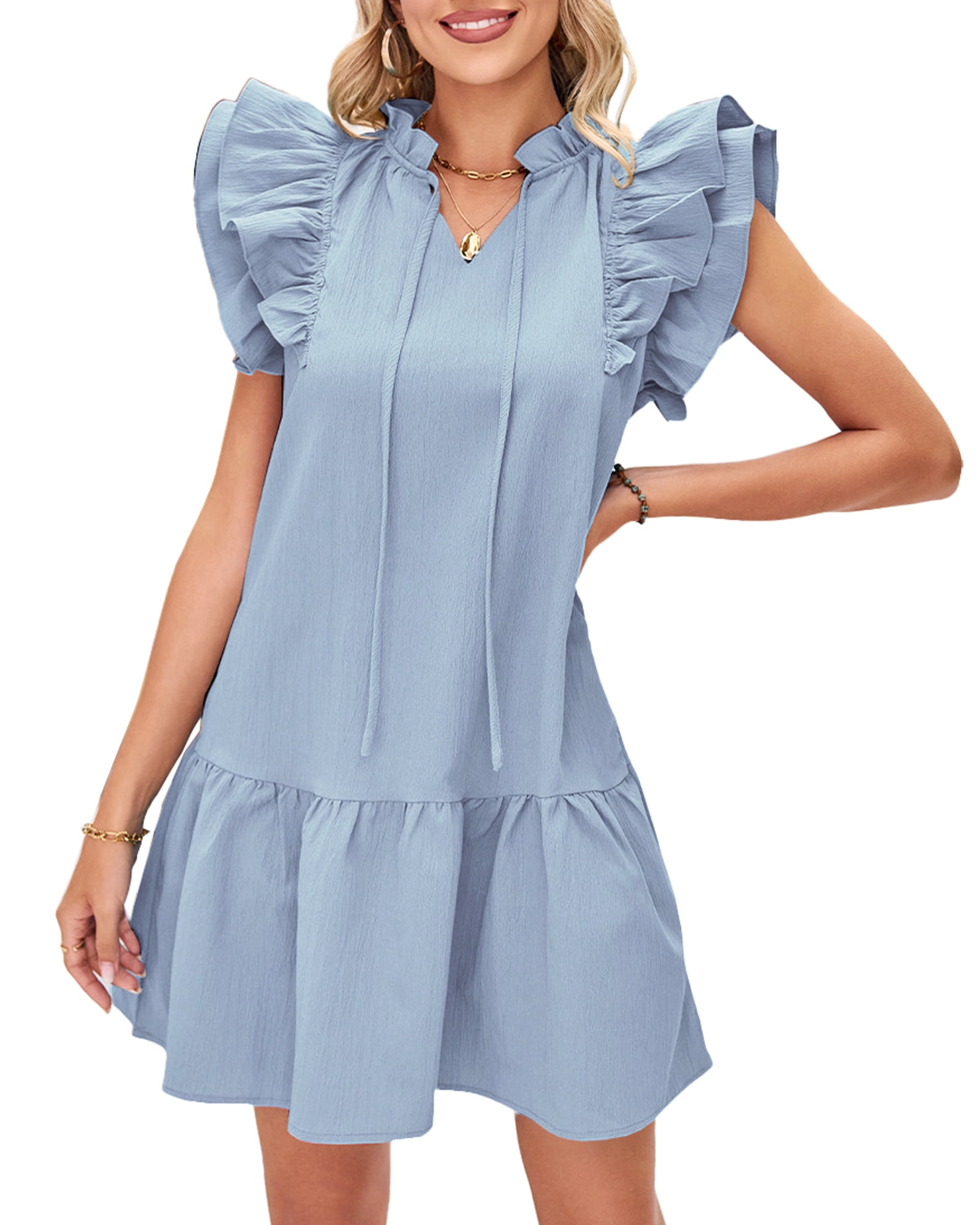 UVN Summer Dresses for Women Ruffle Short Sleeve V Neck Drawstring ...