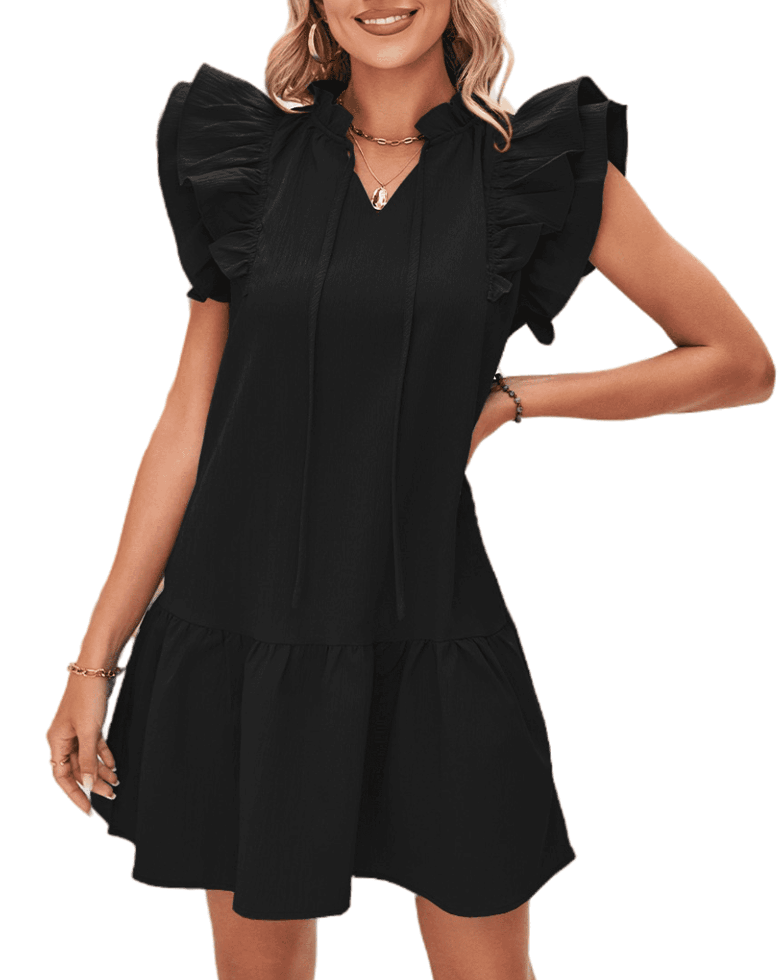 UVN Summer Dresses for Women Ruffle Short Sleeve V Neck Drawstring ...