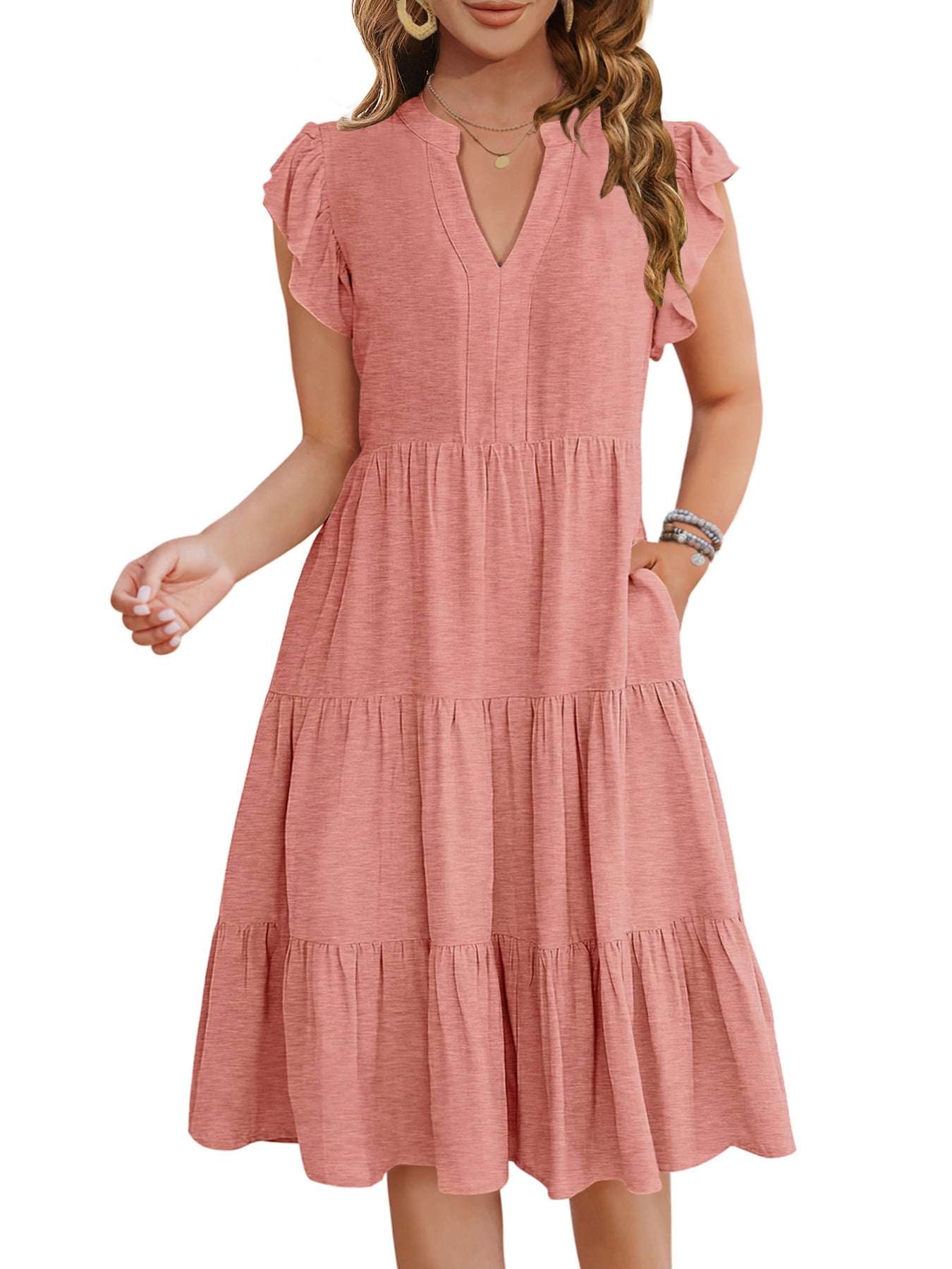 UVN Summer Dresses for Women Ruffle Sleeve V Neck Midi Dress Casual ...