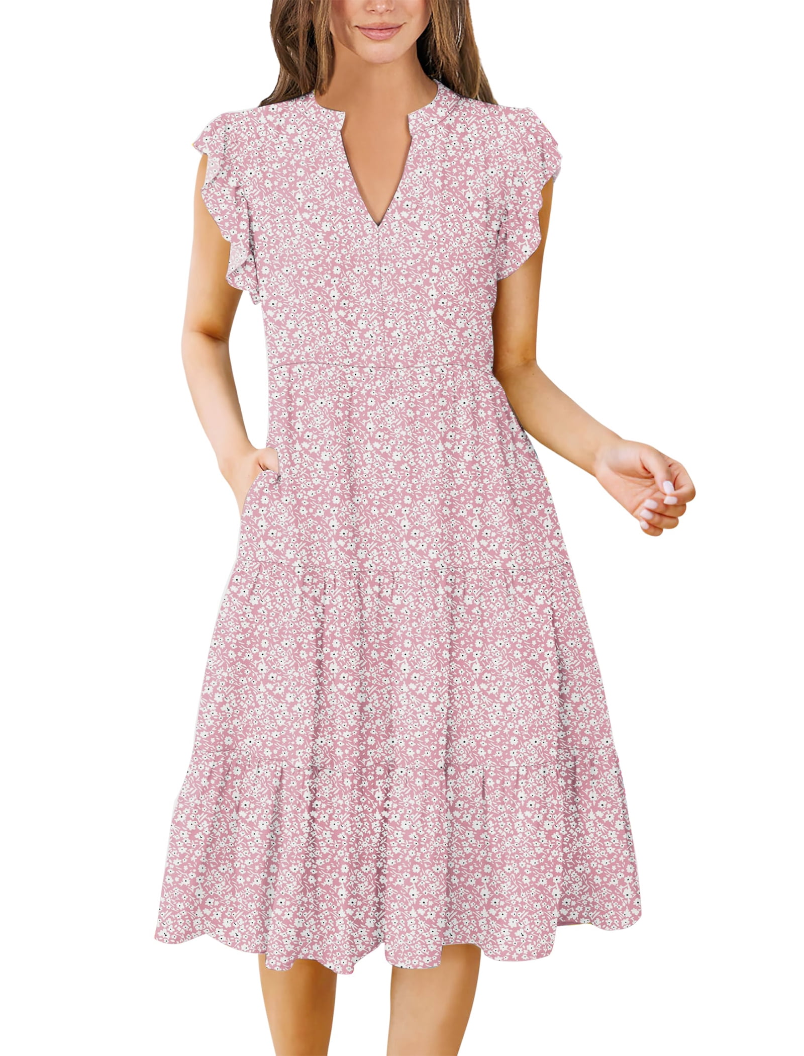 UVN Summer Dresses for Women Ruffle Sleeve V Neck Midi Dress Casual ...