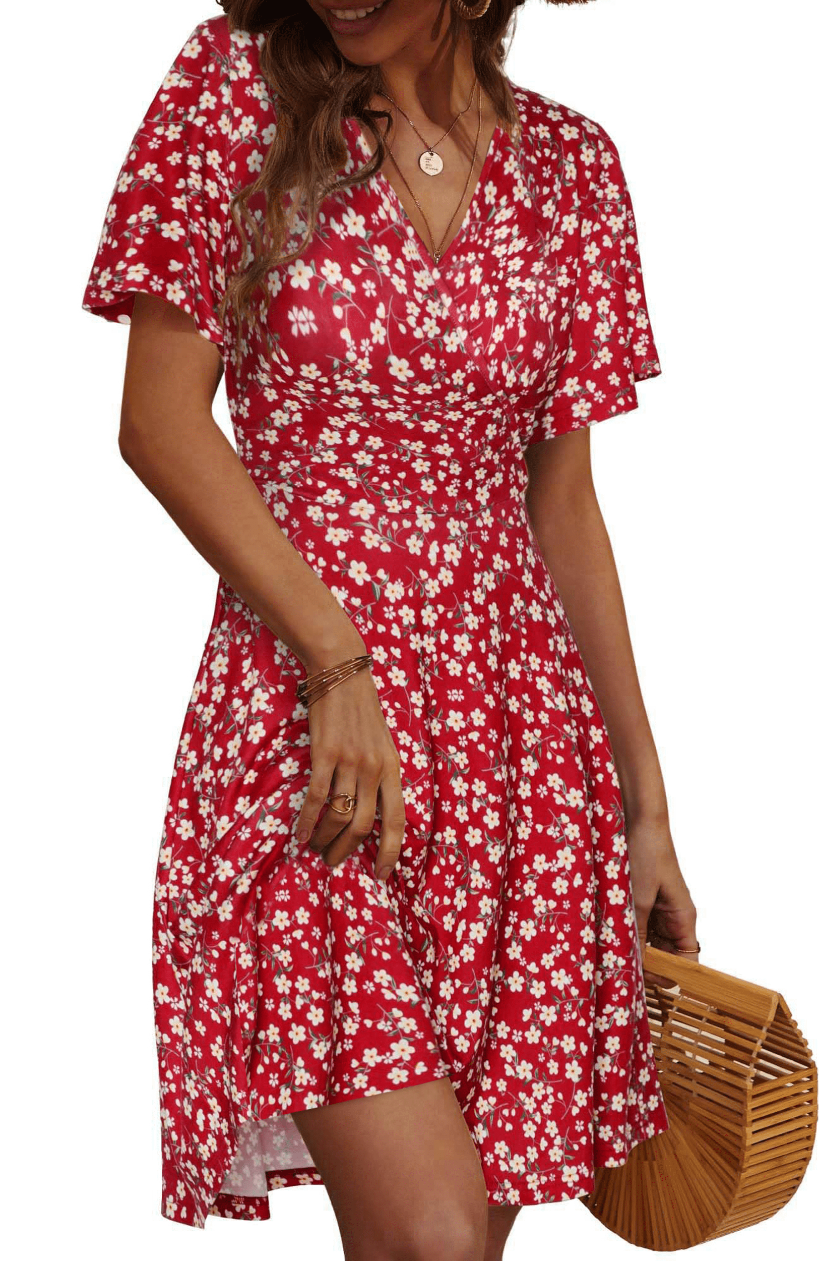 UVN Summer Dresses for Women, Short Sleeve V Neck, A-Line Midi Sundress ...