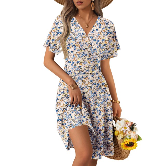 UVN Summer Dresses for Women Short Sleeve V Neck A-Line Midi Dress Boho ...