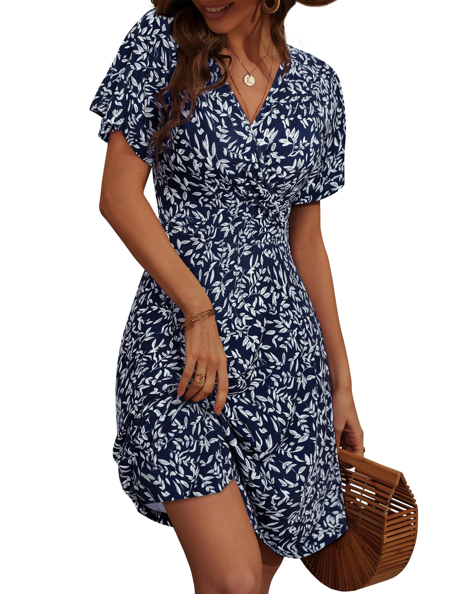 UVN Summer Dresses for Women, Short Sleeve V Neck A-Line Midi Sundress ...