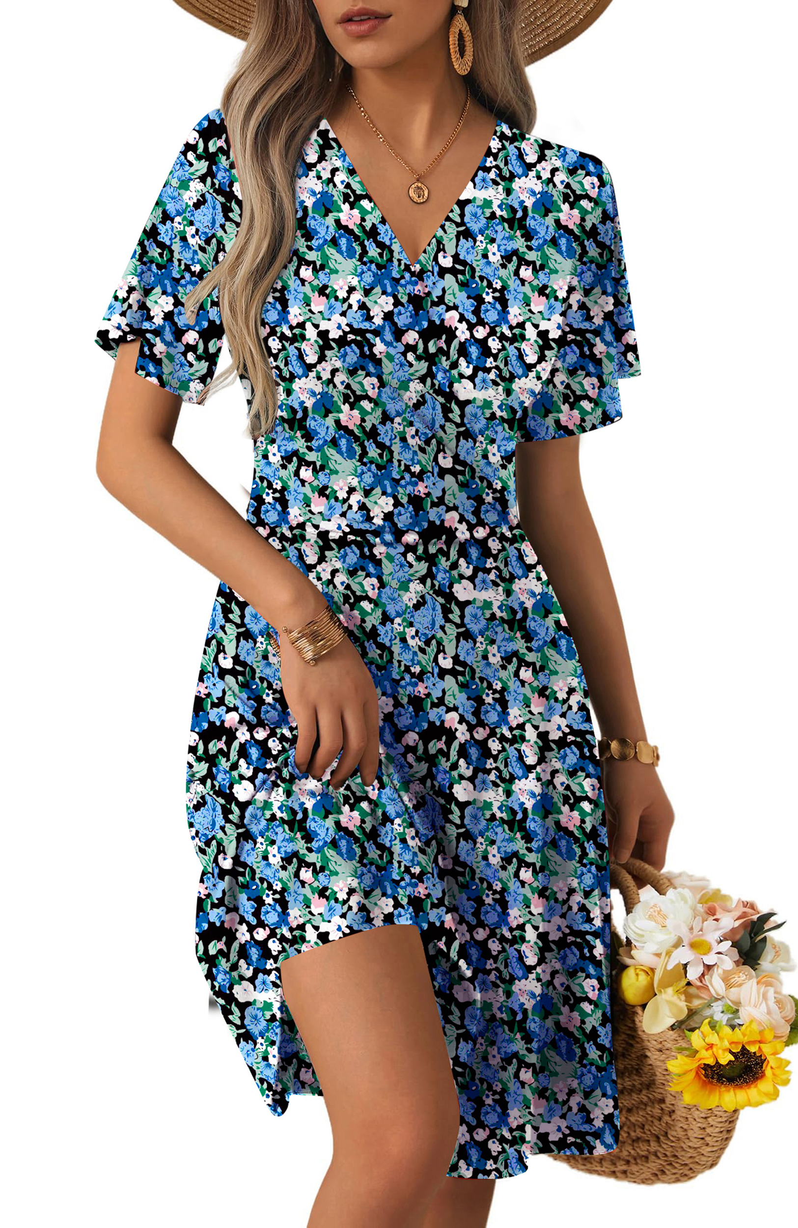 UVN Summer Dresses for Women, Short Sleeve, V Neck, A-Line Midi, Boho ...