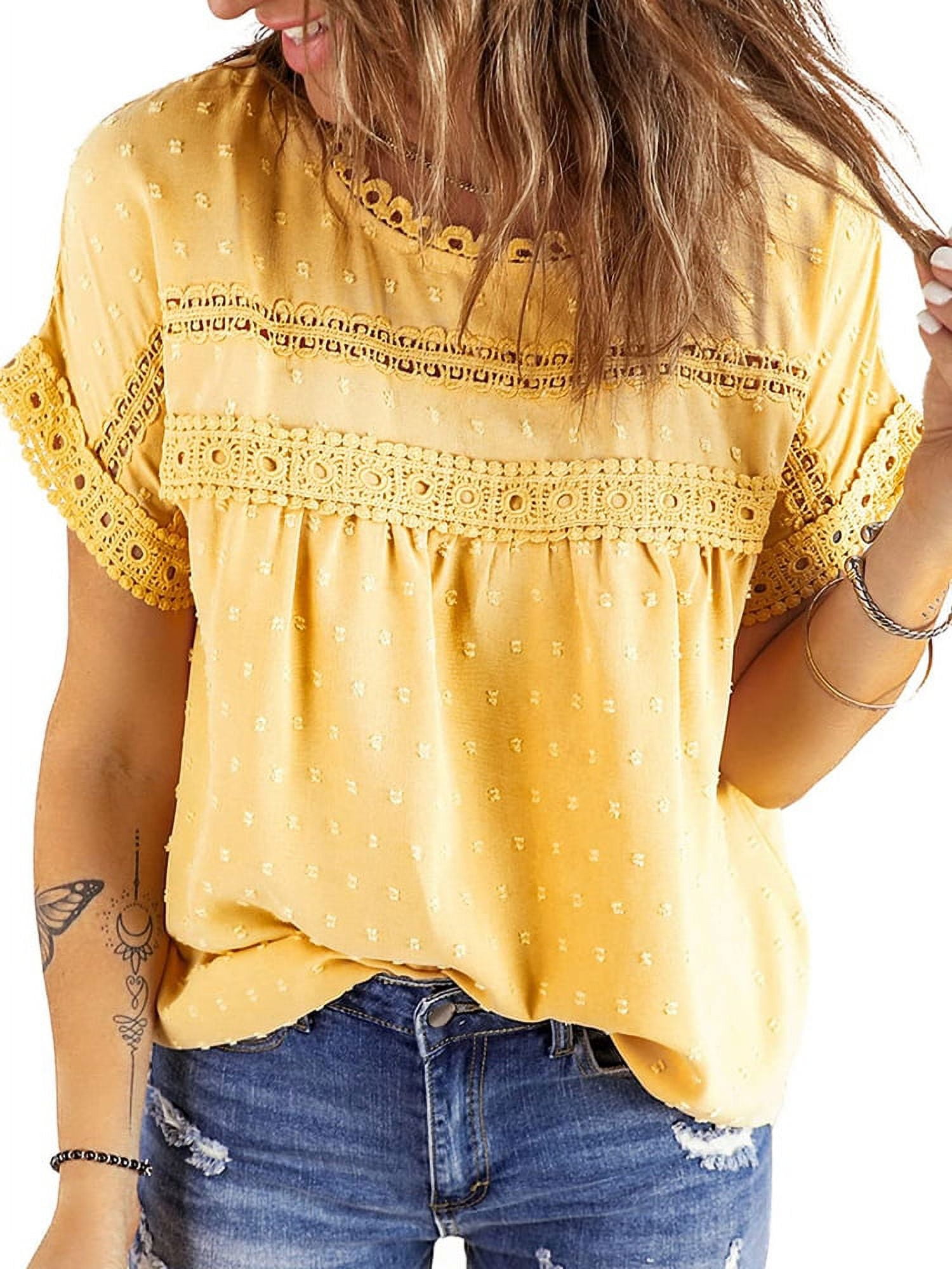 UVN Elegant Blouses for Women, Short Sleeve Lace Crochet Tops, Casual ...