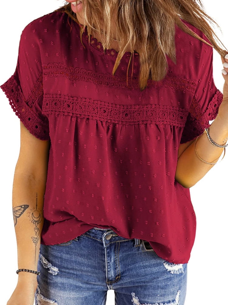 UVN Summer Shirts for Women Short Sleeve Blouses Ladies Crewneck Lace ...