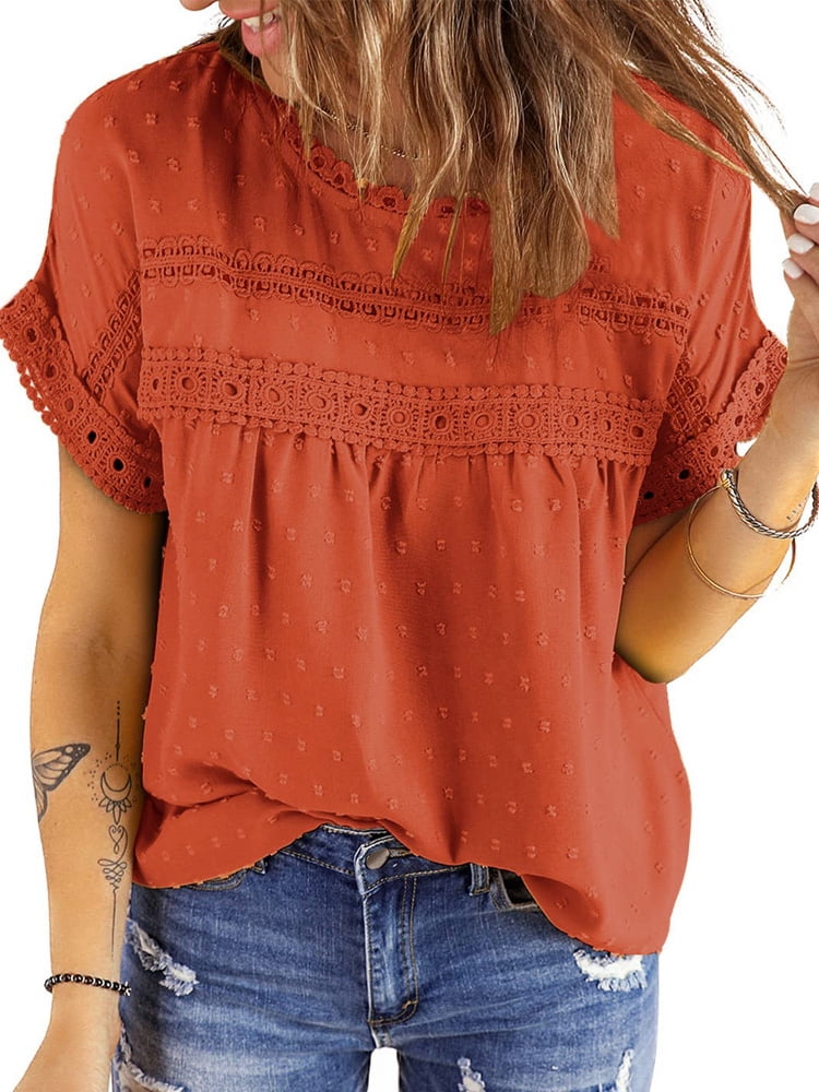 UVN Summer Shirts for Women Short Sleeve Blouses Ladies Crewneck Lace ...