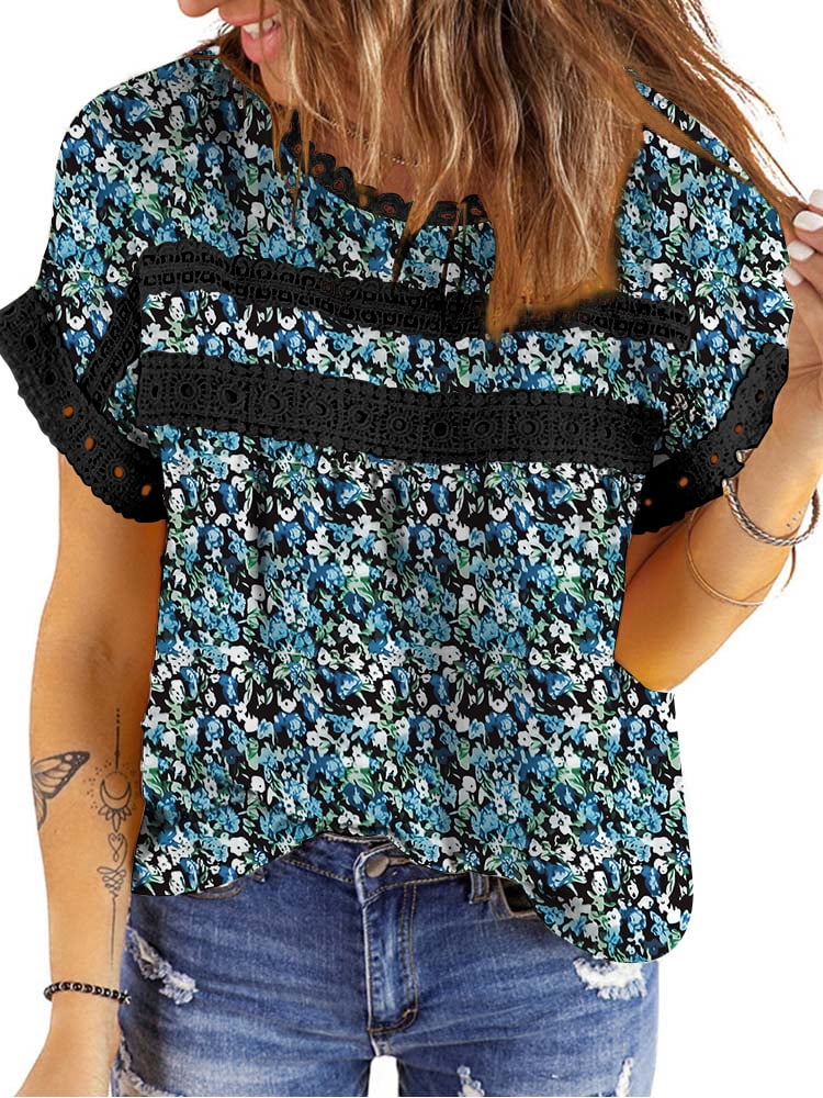 UVN Summer Shirts for Women Short Sleeve Blouses Ladies Crewneck Lace ...