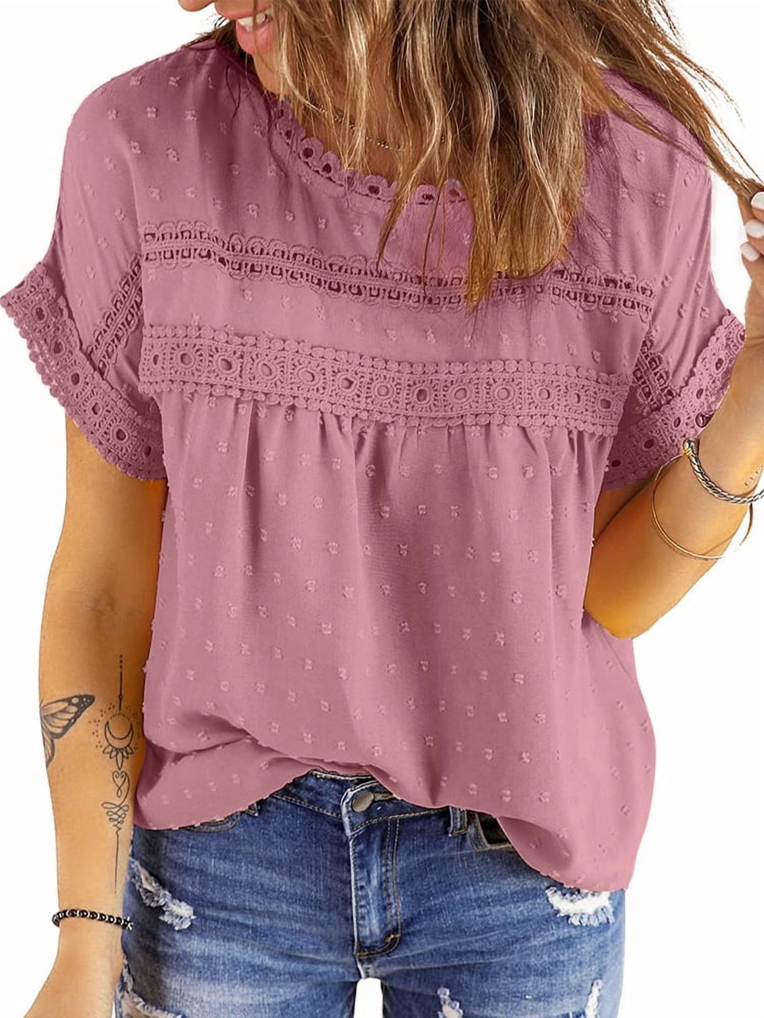 UVN Summer Shirts for Women Short Sleeve Blouses Ladies Crewneck Lace ...