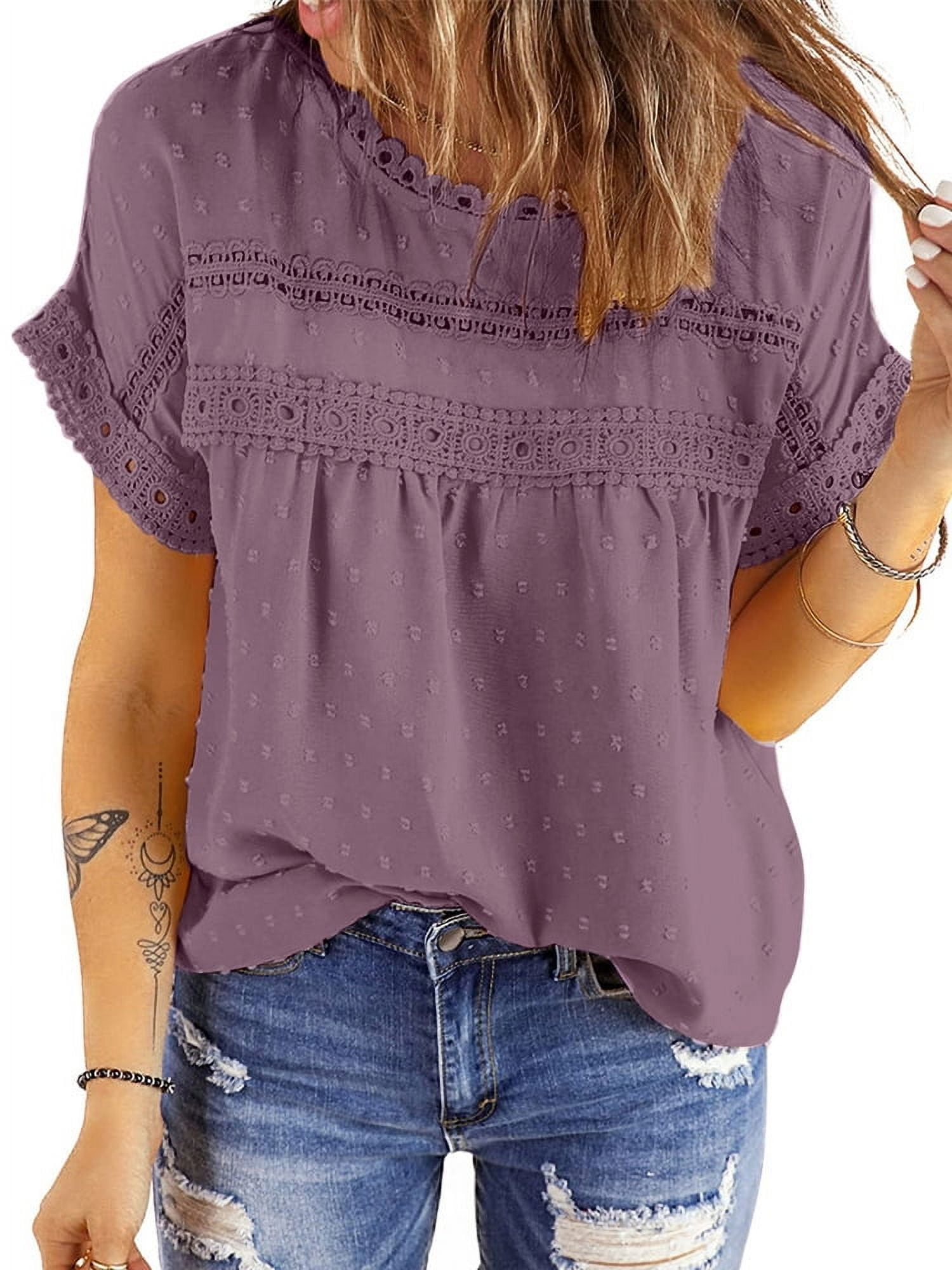 UVN Summer Shirts, Women's Short Sleeve Lace Crochet Tops, Chiffon ...