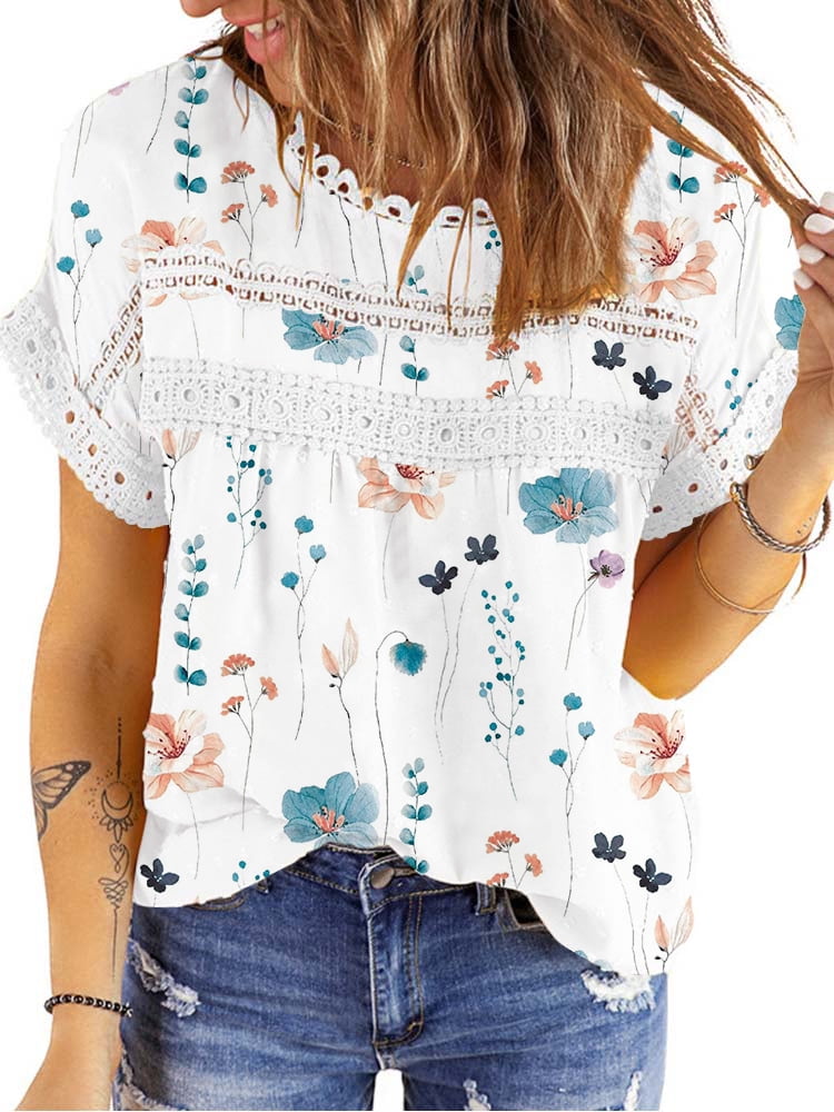 UVN Summer Shirts for Women, Short Sleeve Chiffon Blouses, Lace Crochet ...