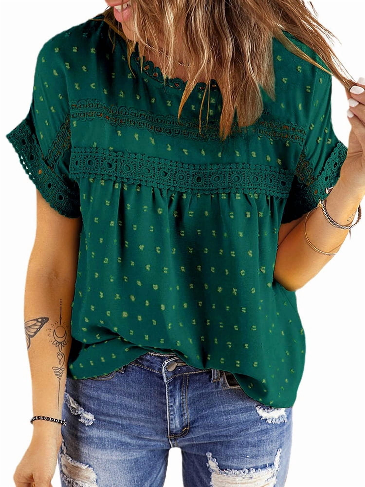 UVN Summer Shirts for Women Short Sleeve Blouses Ladies Crewneck Lace ...