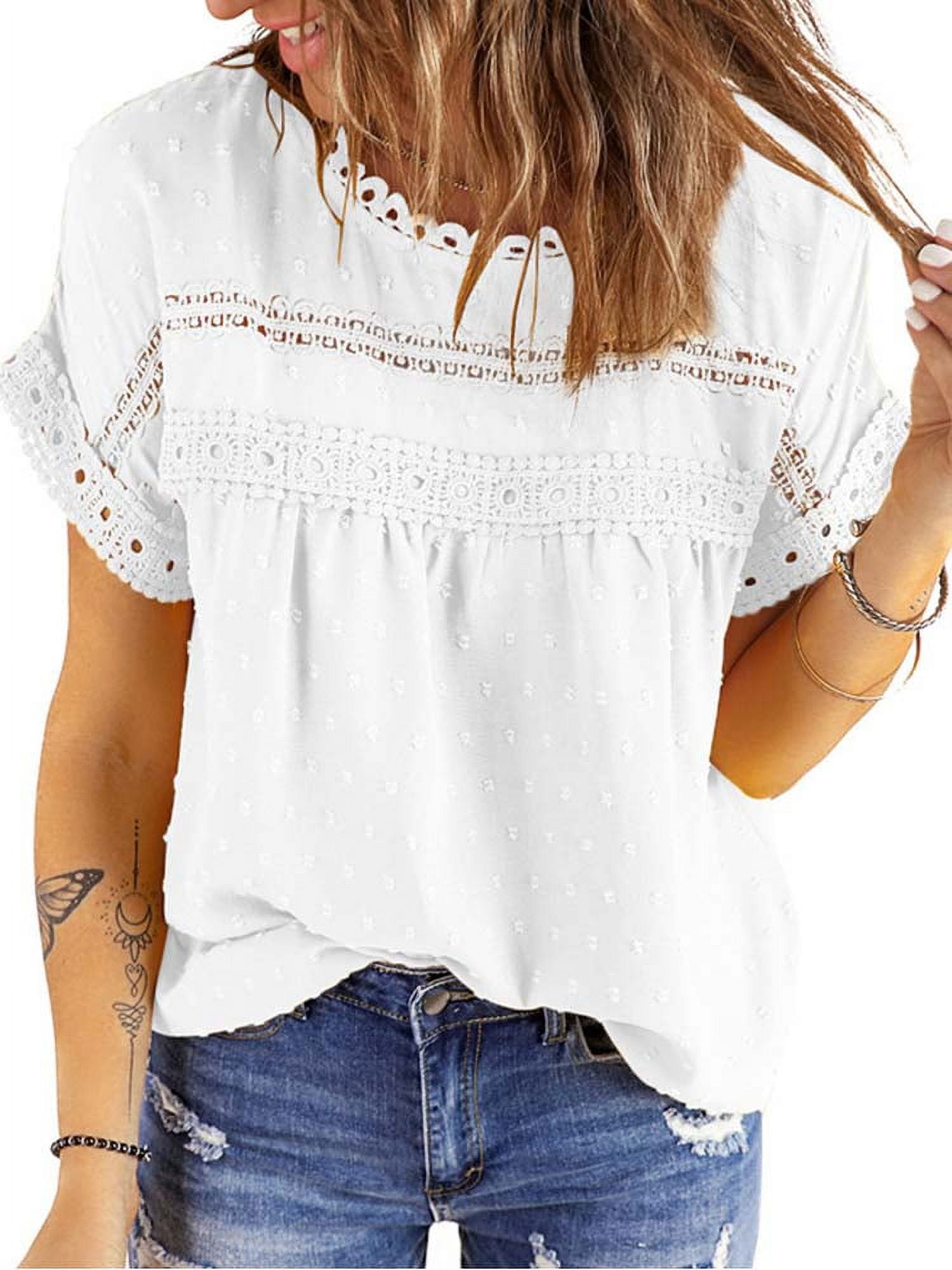 UVN Women's Summer Chiffon Blouses, Lace Crochet Short Sleeve Tops ...