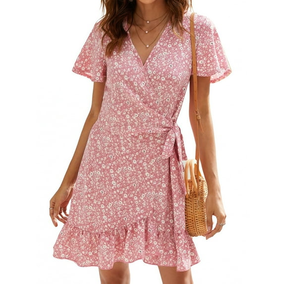 UVN Summer Wrap Dress for Women V Neck Short Sleeve Dress Ladies Boho ...