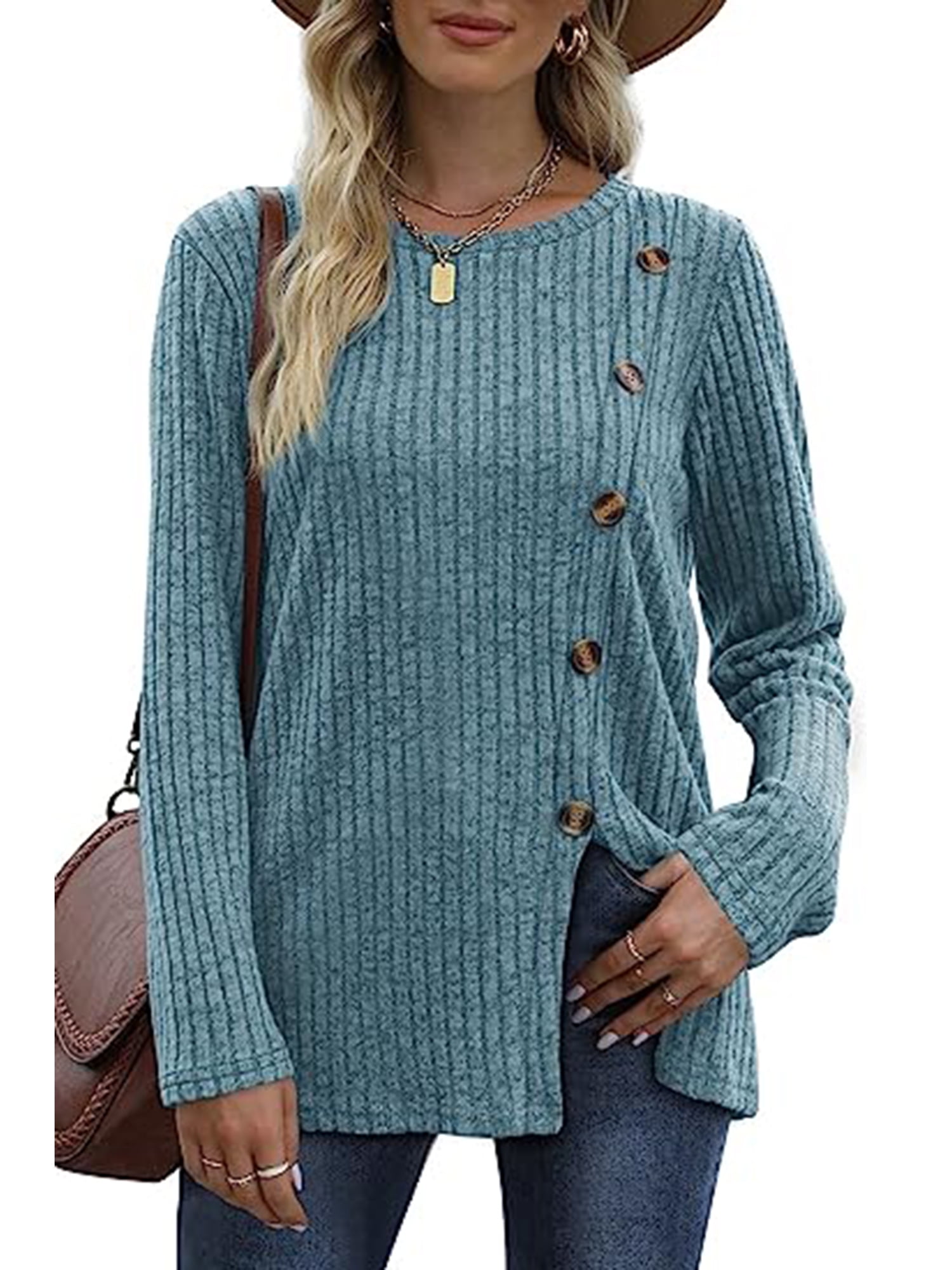 UVN Sweatshirts for Womens Long Sleeve Shirts Buttons Side Tunics Crew Neck Casual Pullover Tops ...