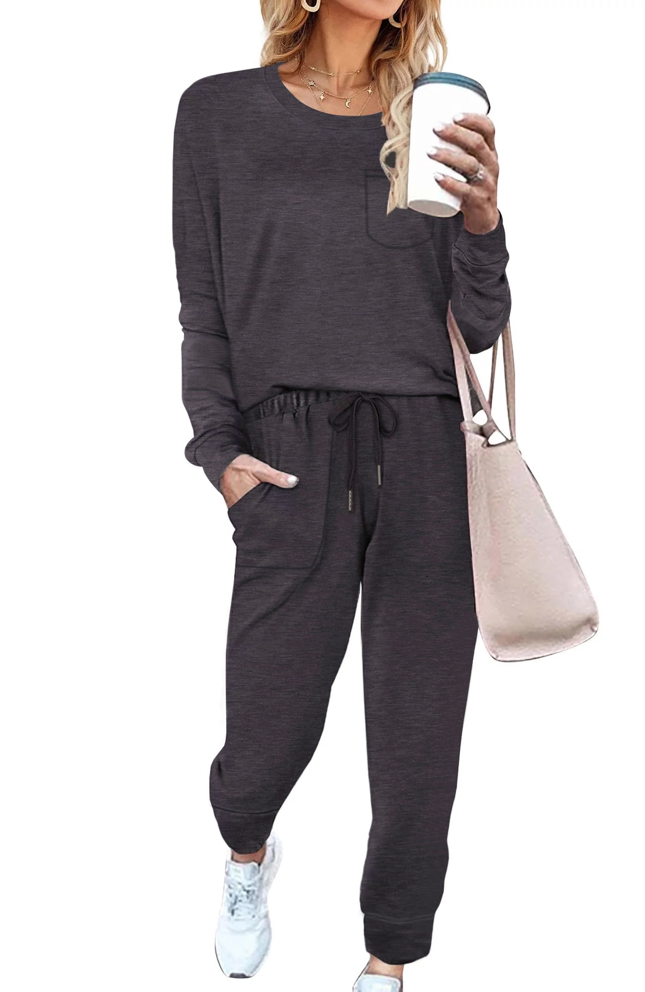 UVN Women's 2 Piece Sweatsuit Set, Solid Jogger Tracksuit with Pockets ...