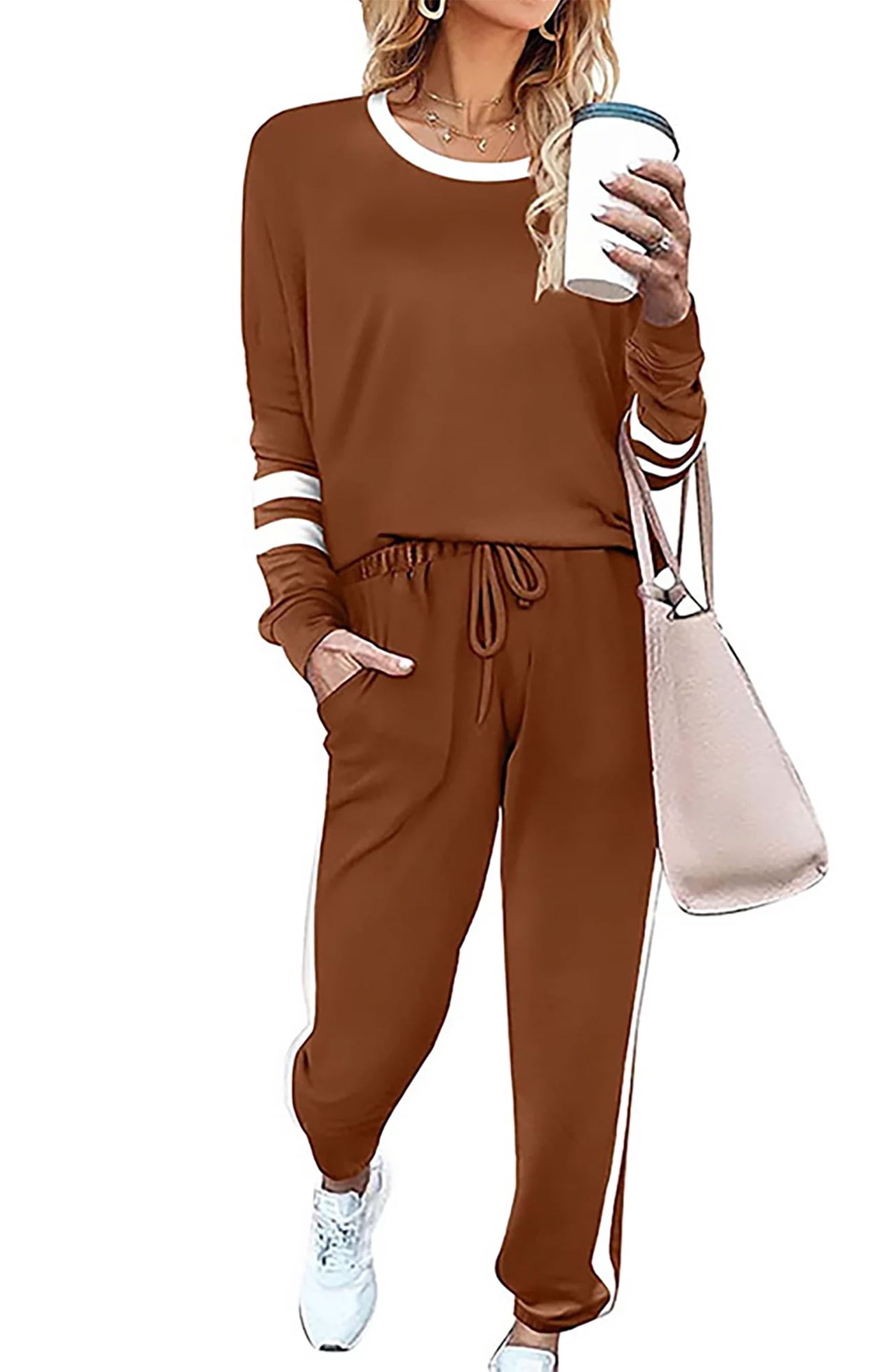 UVN Womens Sweatsuit Jogger Set, 2 Piece Striped Tracksuit, Casual ...