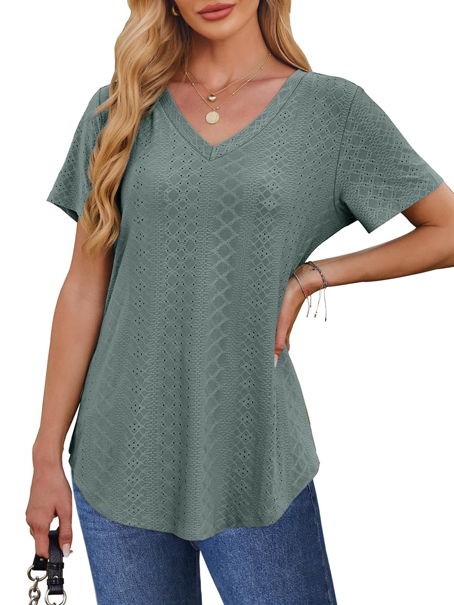 UVN Summer Blouses for Women Short Sleeves V Neck Shirts Curved Hem ...