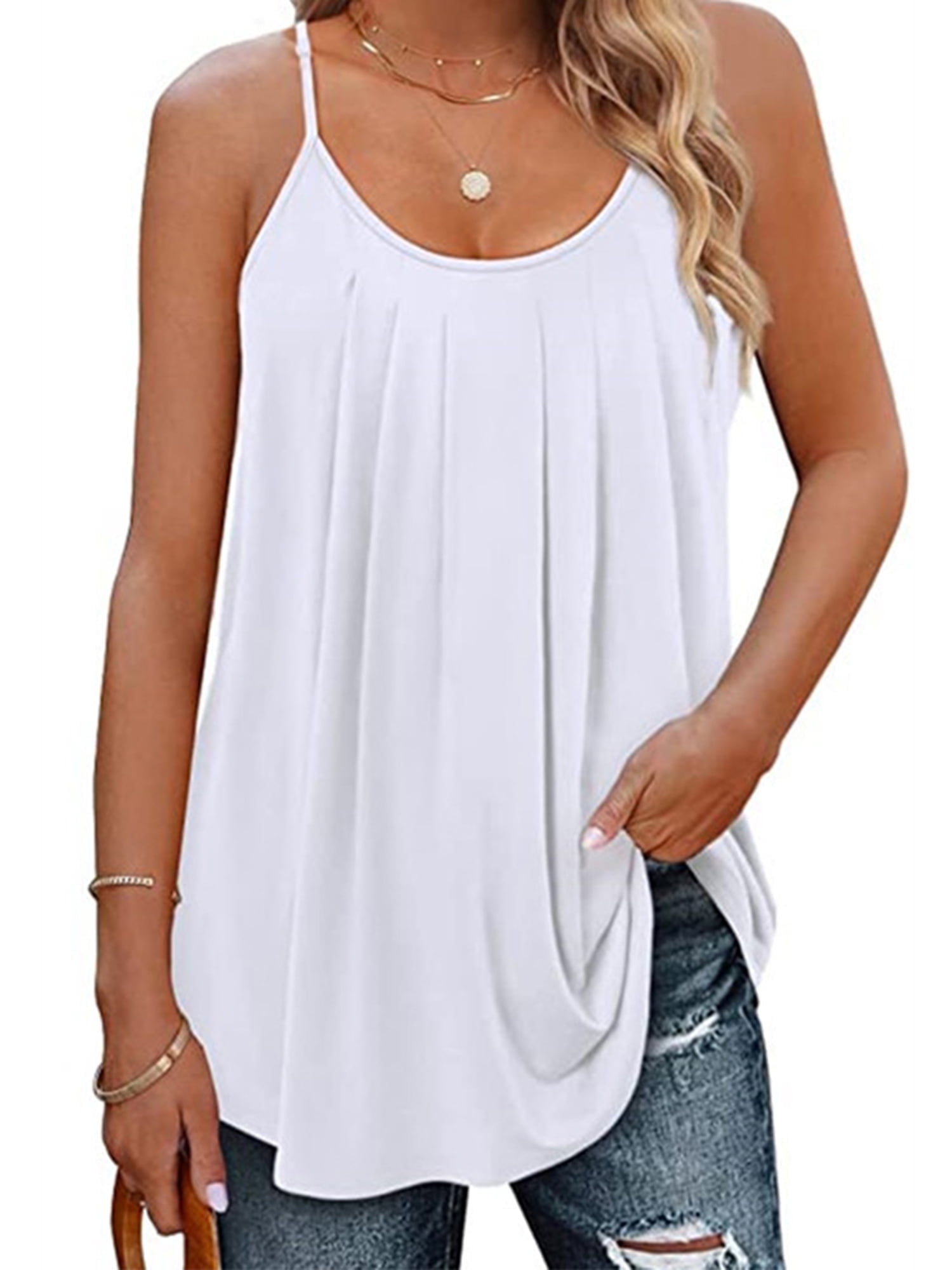 UVN Women's Spaghetti Strap Summer Tank Tops, Pleat Design, Sleeveless ...