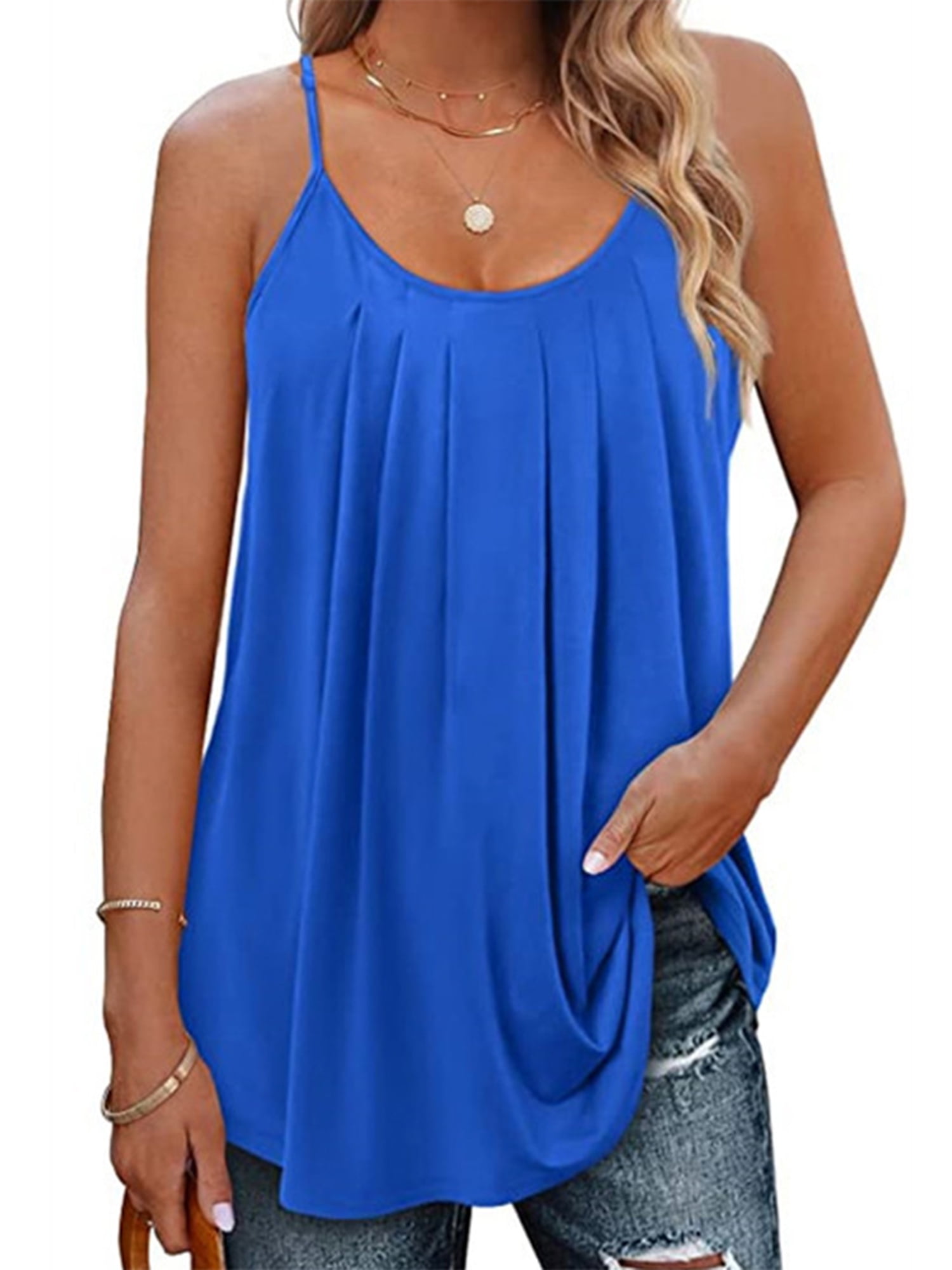 Uvn Womens Summer Tank Tops Spaghetti Strap Pleated Sleeveless Loose Fit Casual Camisole
