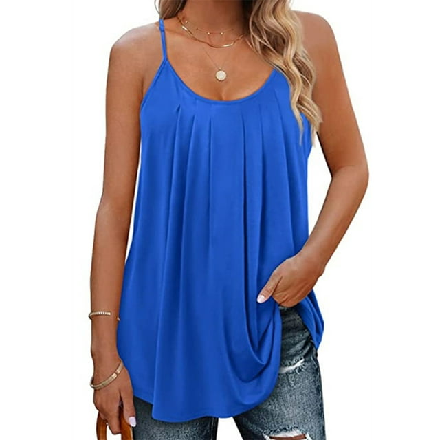 UVN Women's Summer Tank Tops Spaghetti Strap Pleated Sleeveless Loose ...