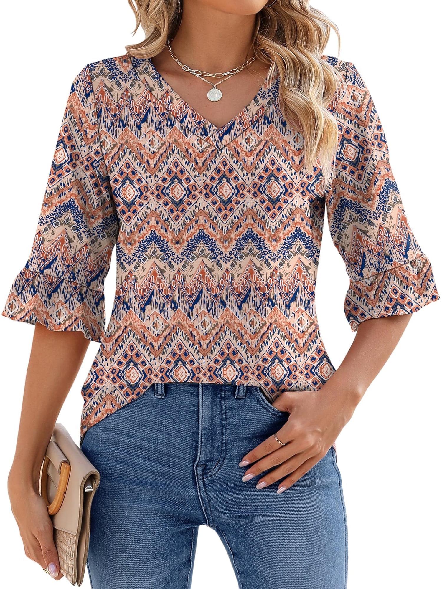 SHINE UP Womens Tunic Blouses, Floral Print Tops, V-Neck, 3/4 Ruffle ...