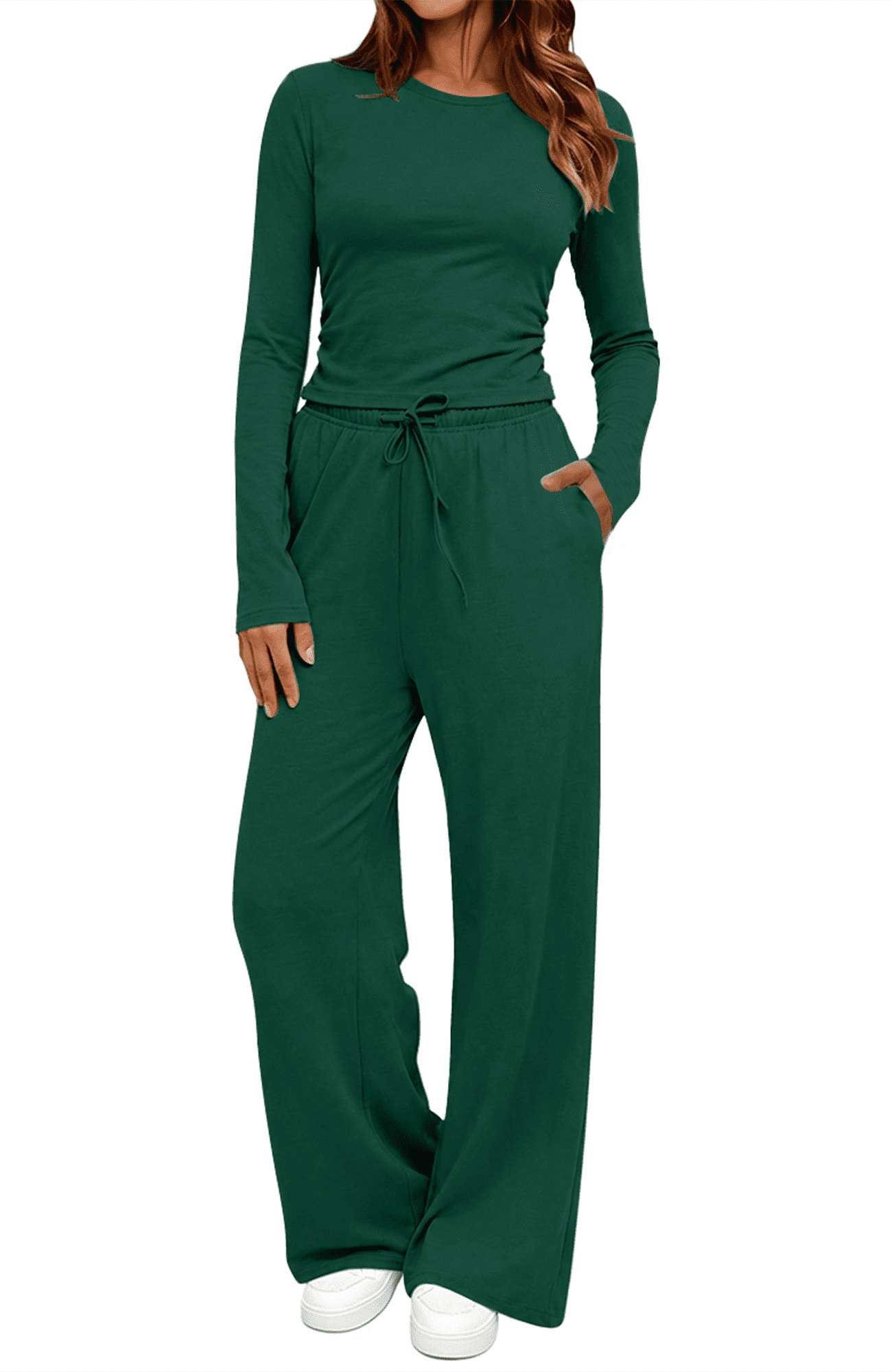 UVN Winter Womens 2 Piece Outfit Sets Ruched Long Sleeve Top and Wide ...