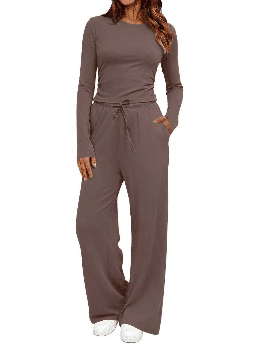 UVN Winter Womens 2 Piece Outfit Sets Ruched Long Sleeve Top and Wide ...