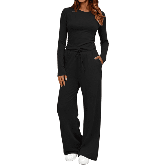 UVN Winter Womens 2 Piece Outfit Sets Ruched Long Sleeve Top and Wide ...