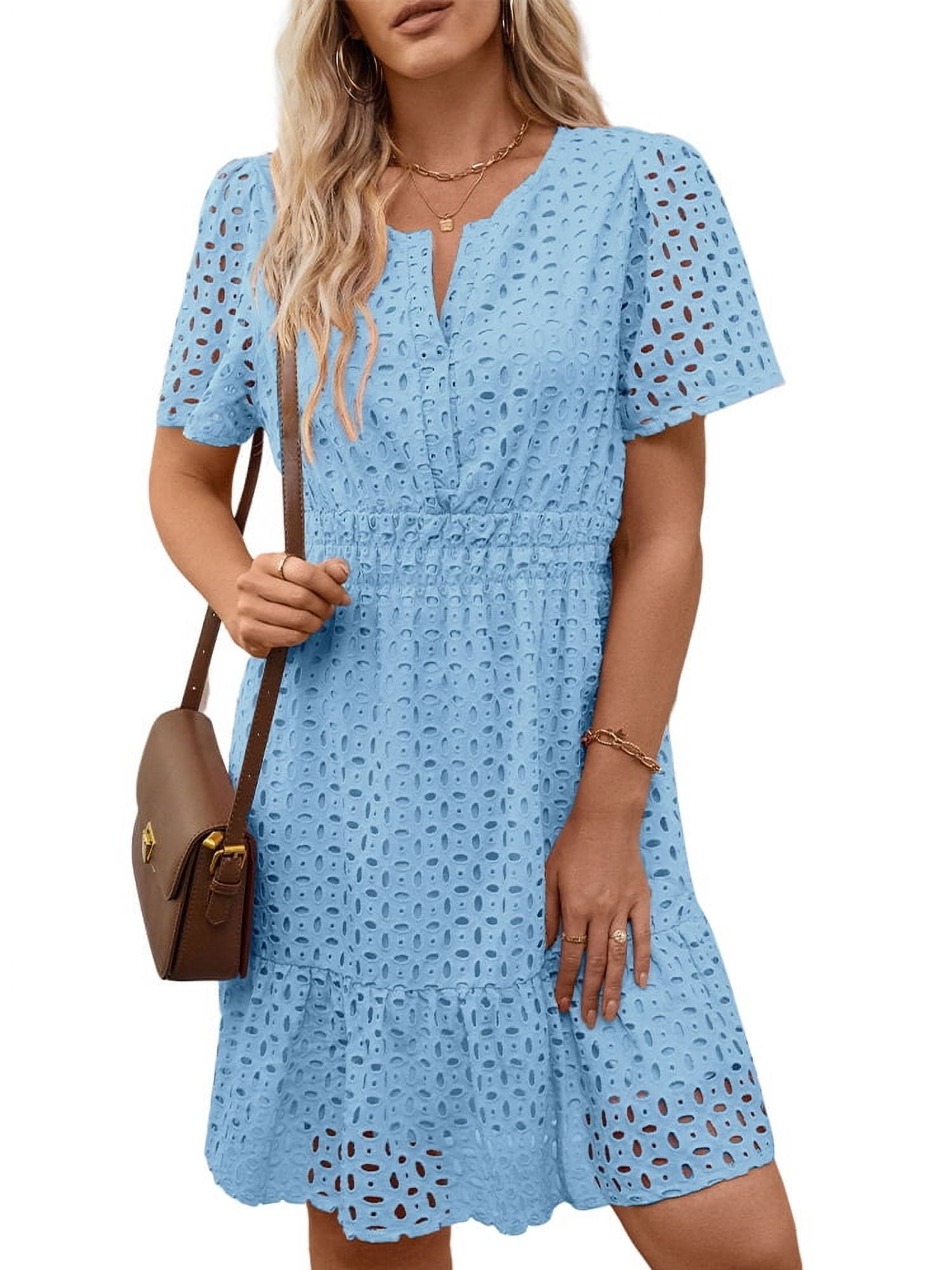 UVN Women Dress Summer Short Sleeve V Neck Dress Ladies Caual A Line ...