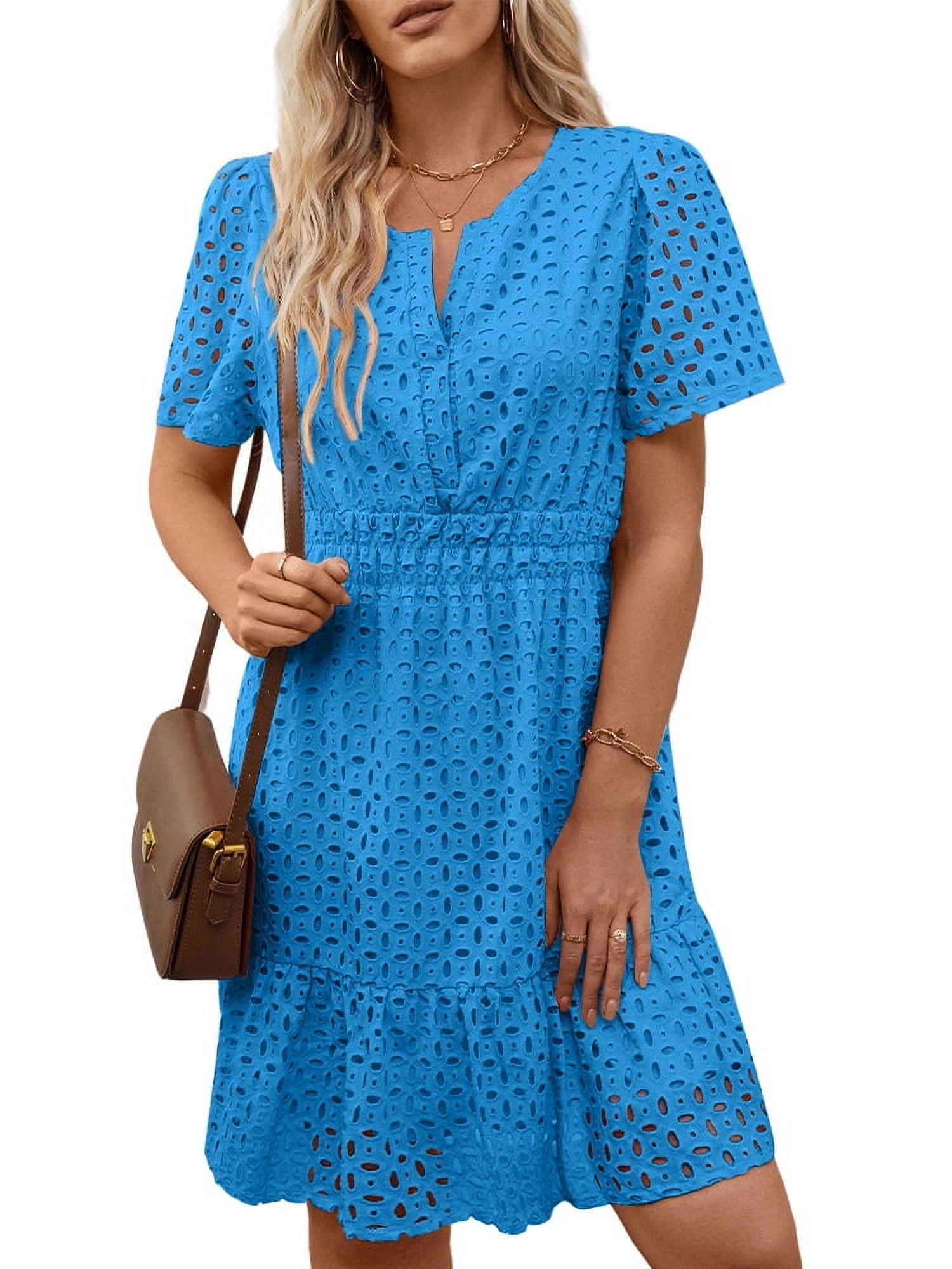 UVN Women Dress Summer Short Sleeve V Neck Dress Ladies Caual A Line ...