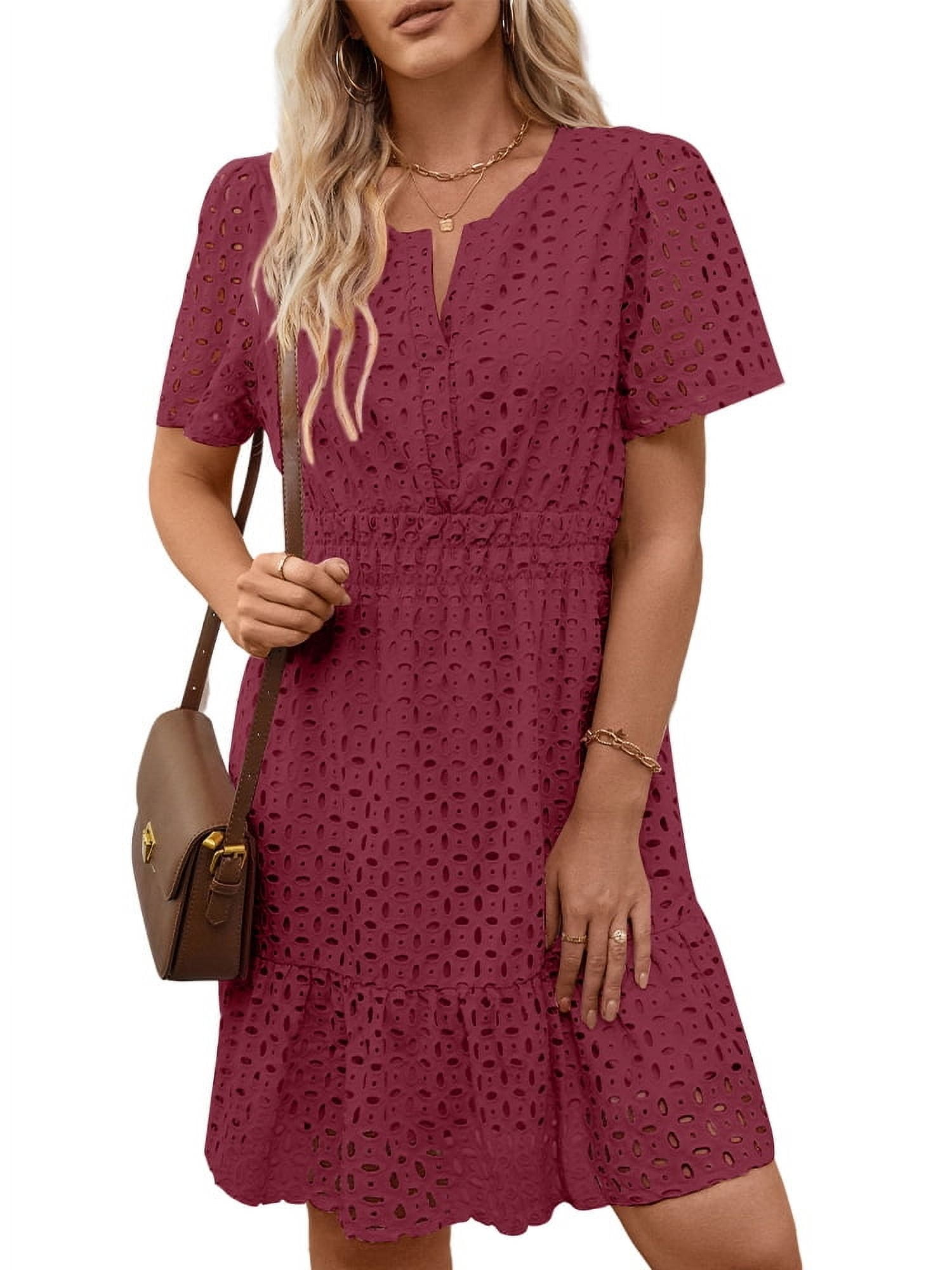 UVN Women Dress Summer Short Sleeve V Neck Dress Ladies Caual A Line ...