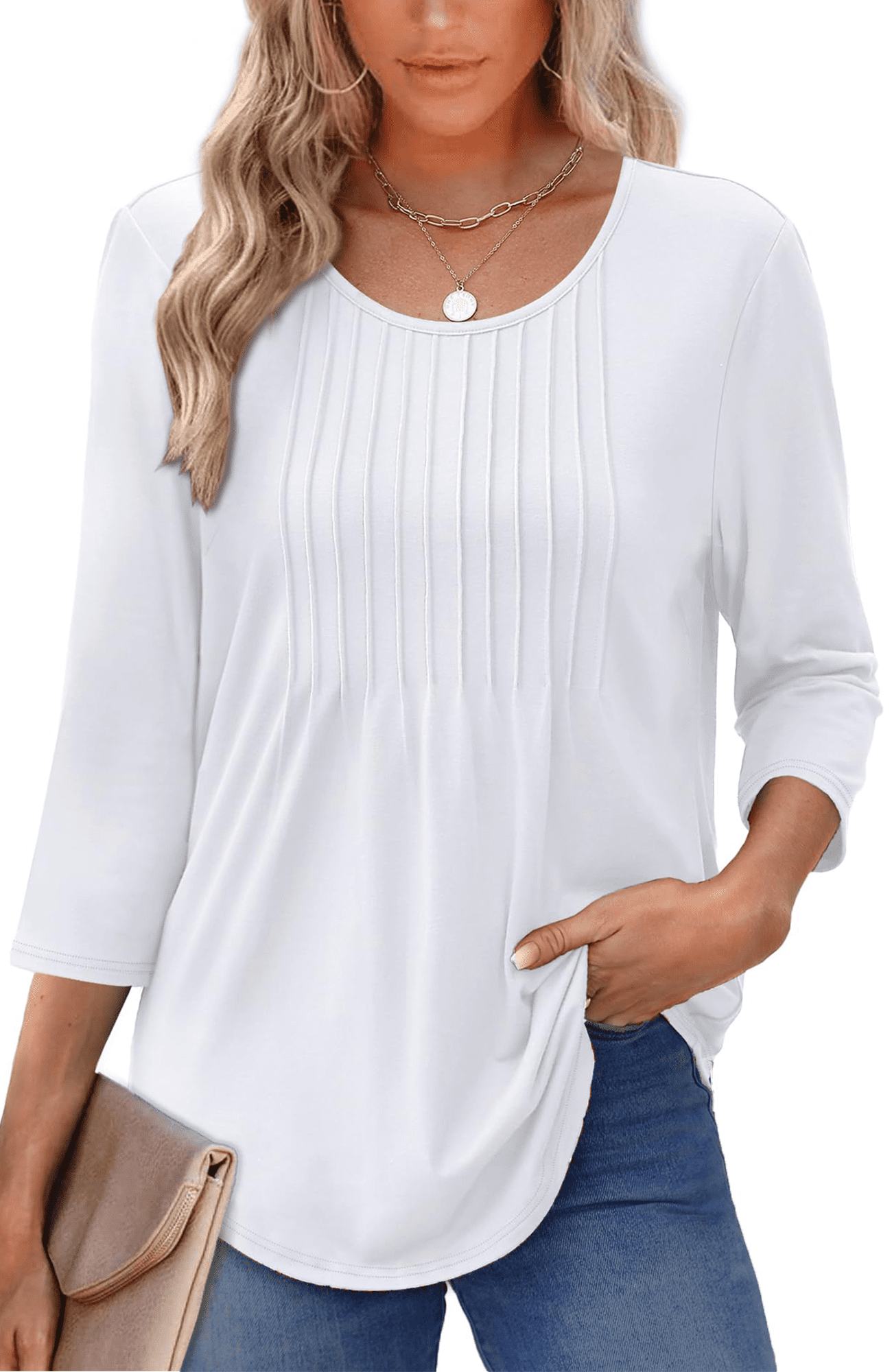 UVN Women Summer Blouses 3/4 Sleeves Loose Fit Shirts Ladies Pleated ...