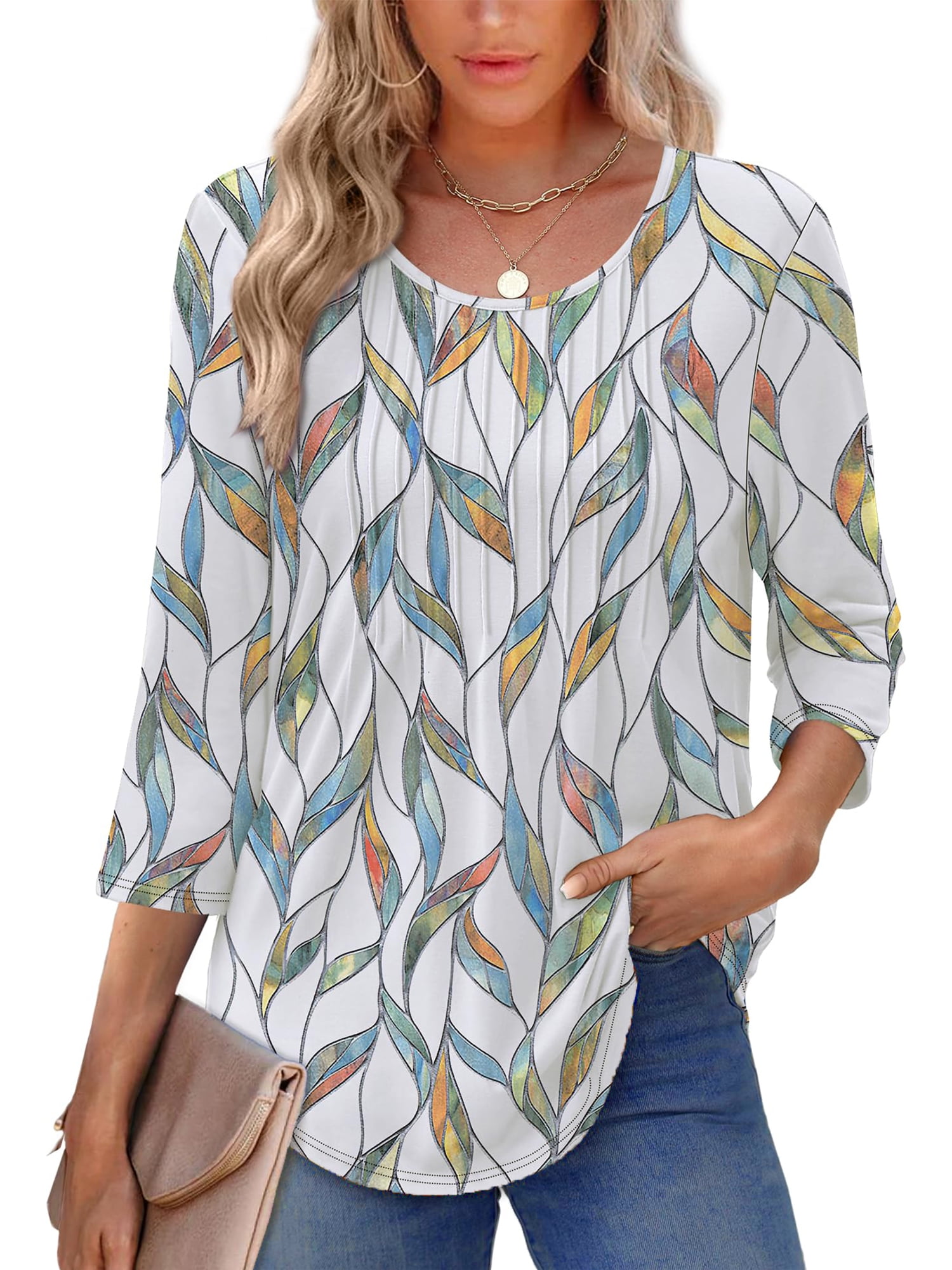 UVN Women Summer Blouses 3/4 Sleeves Loose Fit Shirts Ladies Pleated ...