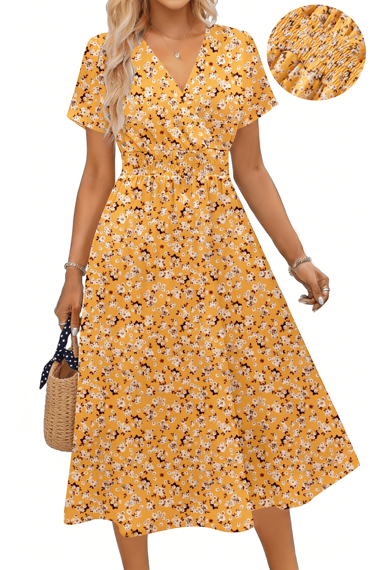 UVN Women Summer Dresses Short Sleeve V Neck A-Line Midi Dress Ladies ...